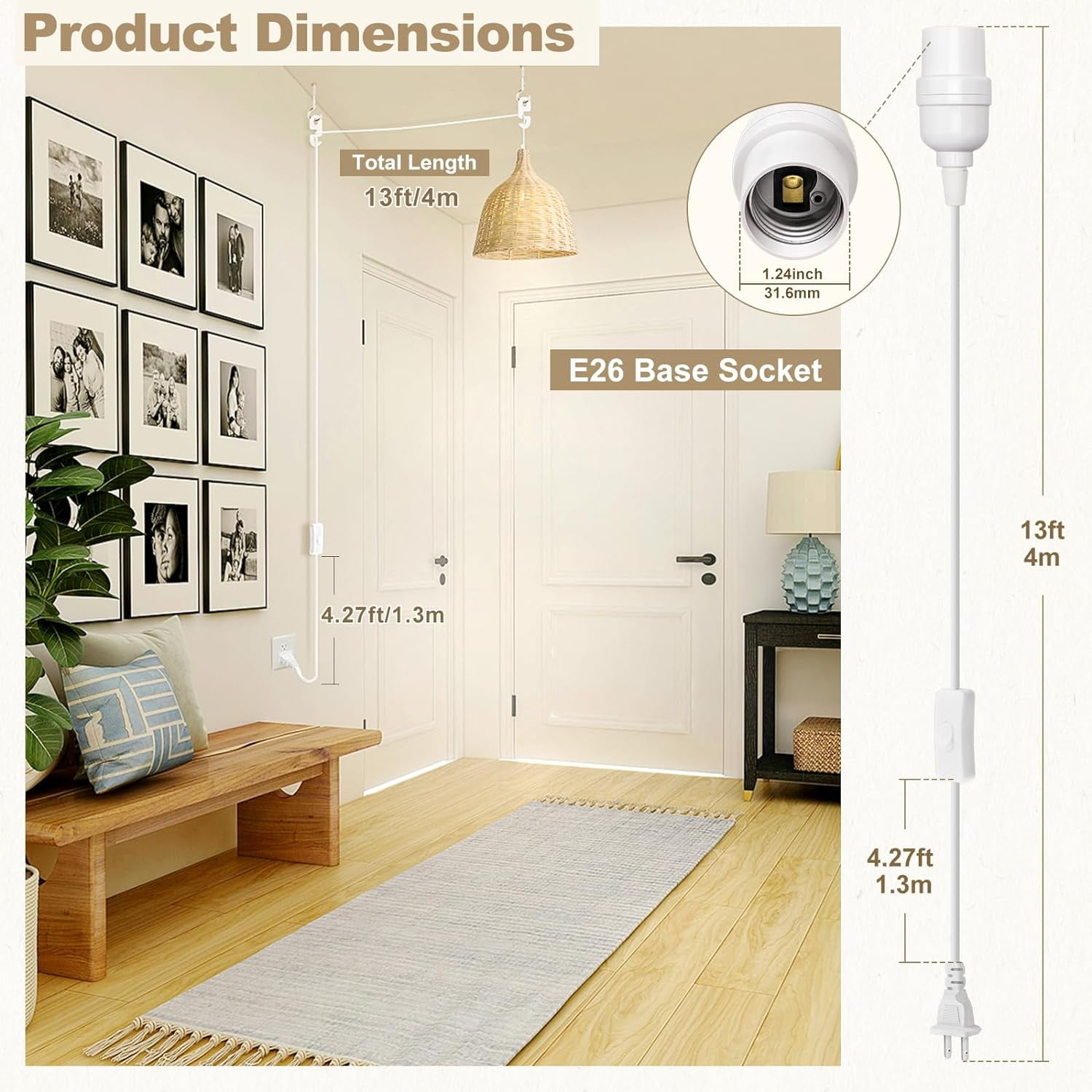 RTHG-Hanging Lantern Extension Cord Cable, E26 Pendant Light Socket On ...