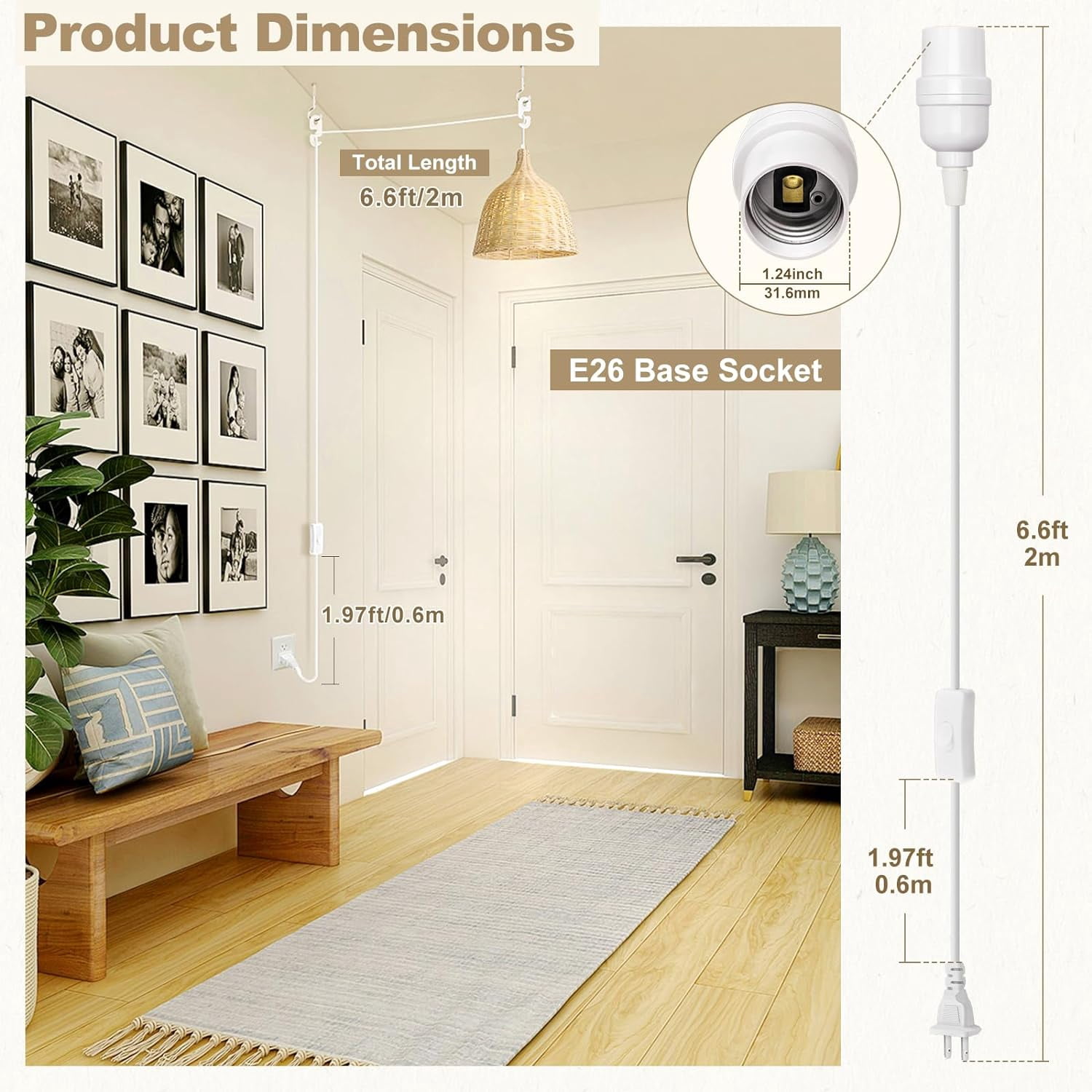 RTHG-Hanging Lantern Extension Cord Cable, E26 Pendant Light Socket On ...