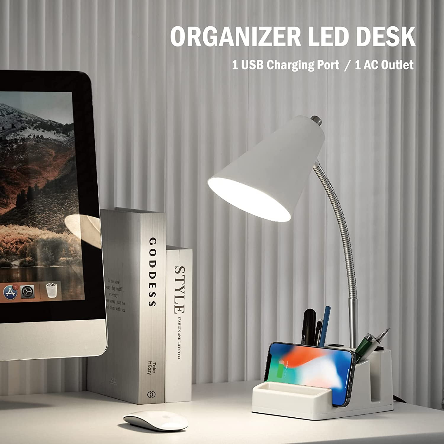 RTHG-LED Desk Lamp with 1 USB Charging Port and 1 AC Outlet, Organizer ...