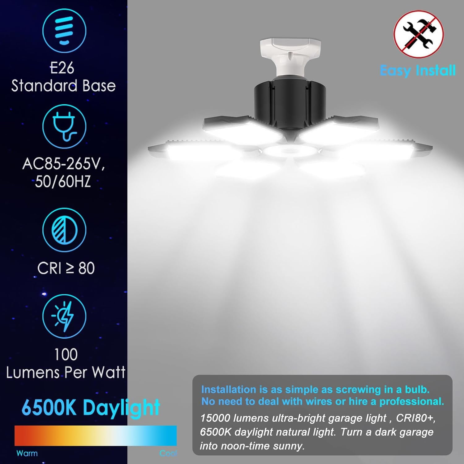 RTHG-LED Garage Light Bulb 150W 15000LM Deformable LED Garage Ceiling ...