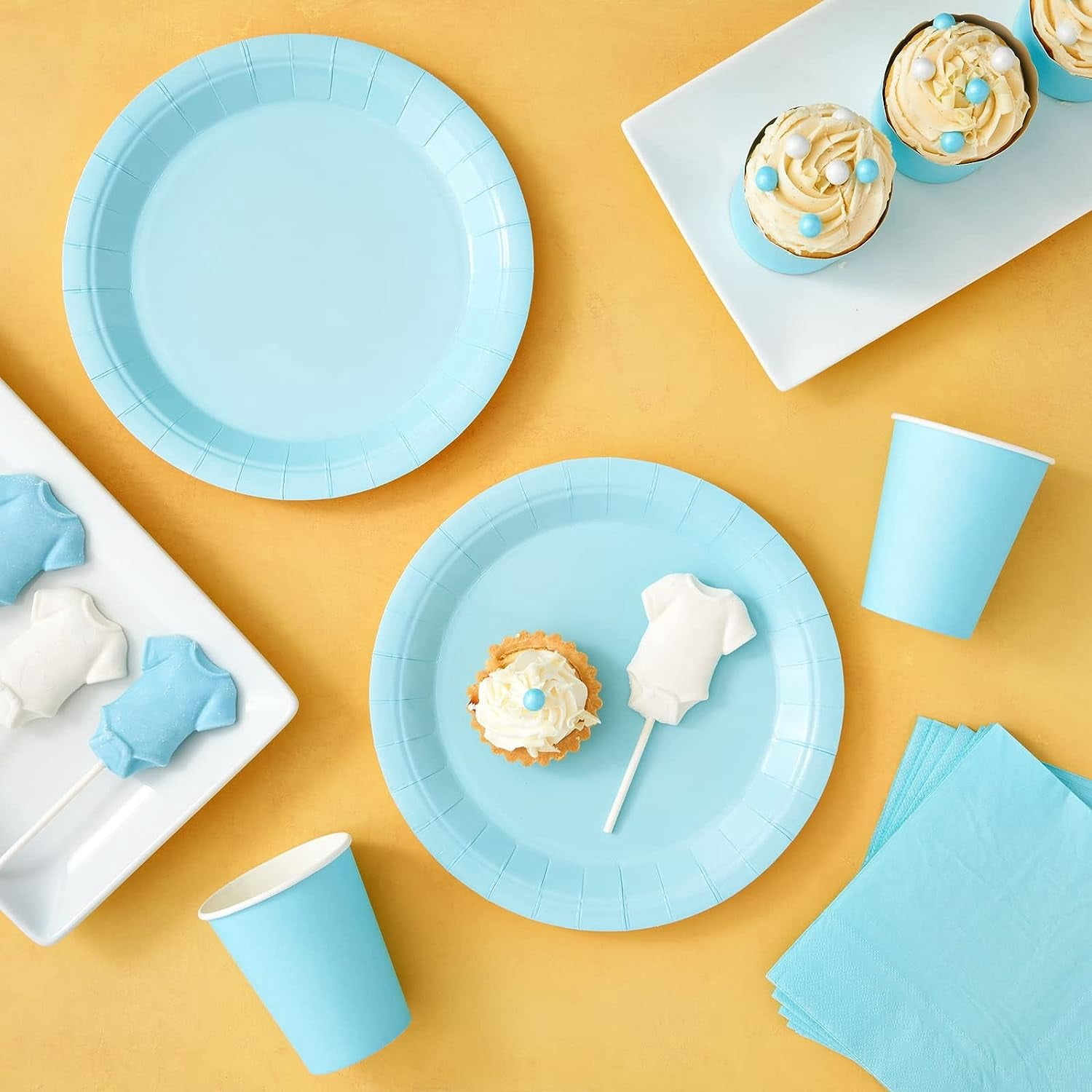 RTHG-Serves 24 Light Blue Party Supplies, Disposable Paper Plates, Cups ...
