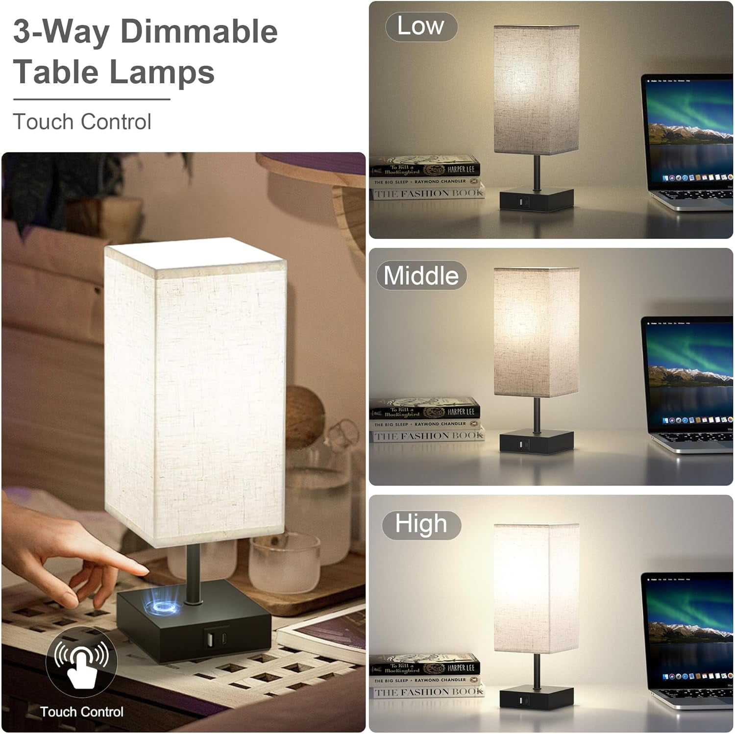 RTHG-Table Lamp, Touch Bedside Lamps 3 Way Dimmable, USB A&C Charging ...