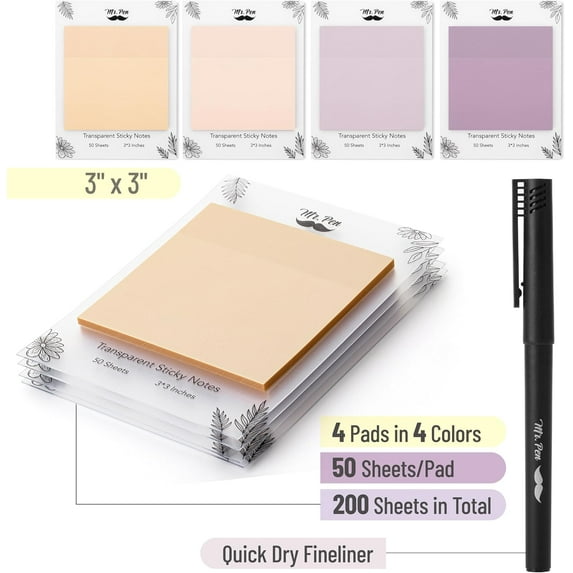 RTHG-Transparent Sticky Notes, 3x3, 200 Sheets, Pastel Colors, See ...