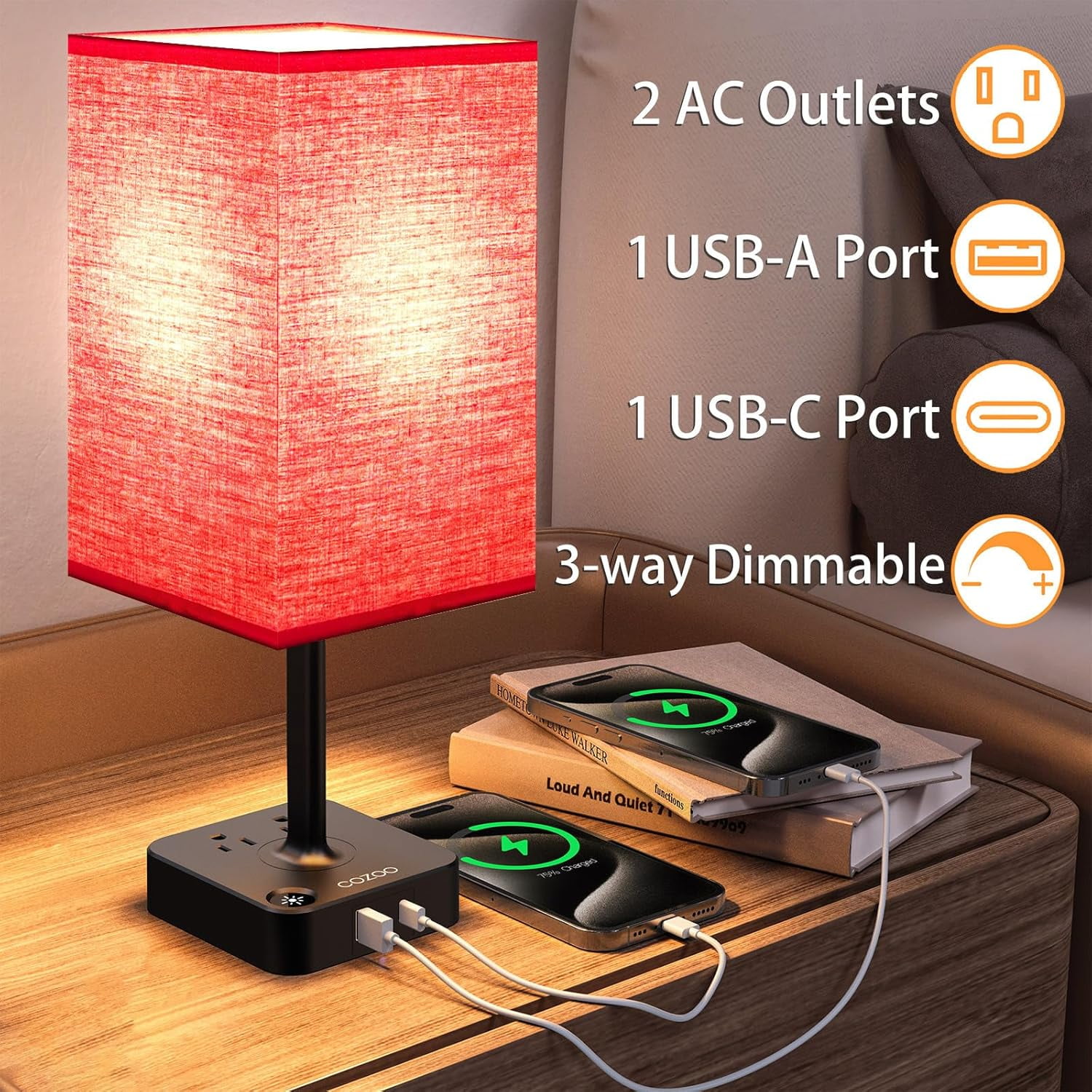 RTHG-USB Bedside Table Desk Lamp with 2 USB Charging Ports and 2 ...