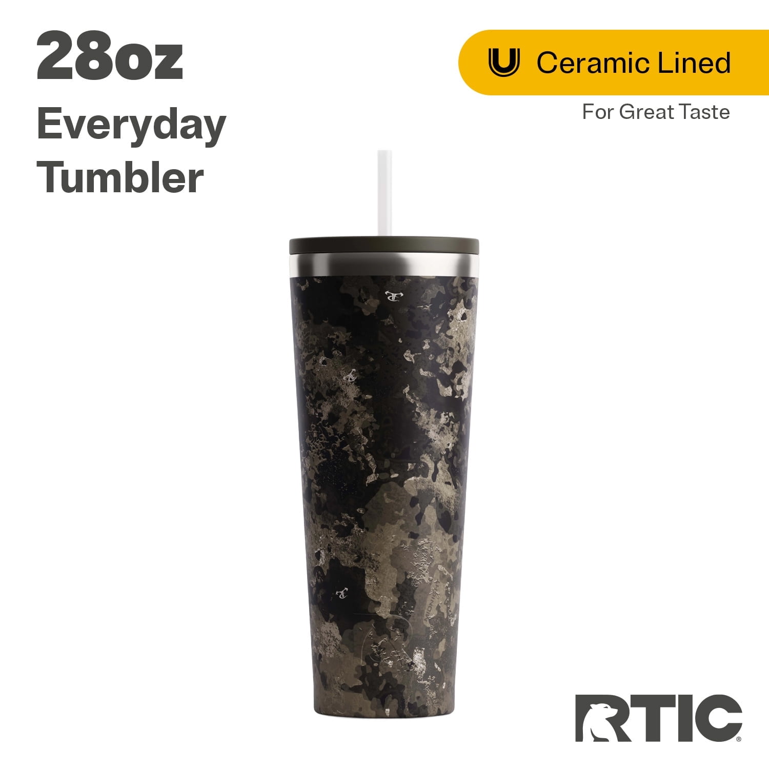 RTIC 28 oz Ceramic Lined Everyday Tumbler, Spill-Resistant Straw Lid ...