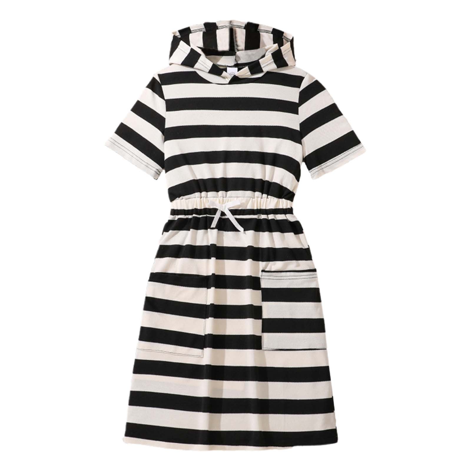 RTKFRFLM Dress for Girls Summer Striped Hooded Short Sleeve Waist Dress ...