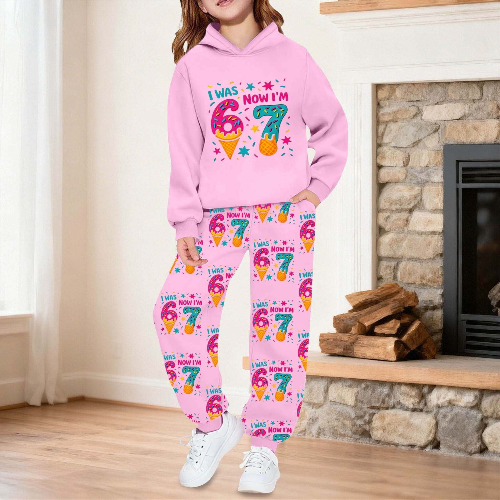 RTKFRFLM Girls Kids 2-Piece Tracksuit Printed Hoodie Joggers Soft ...