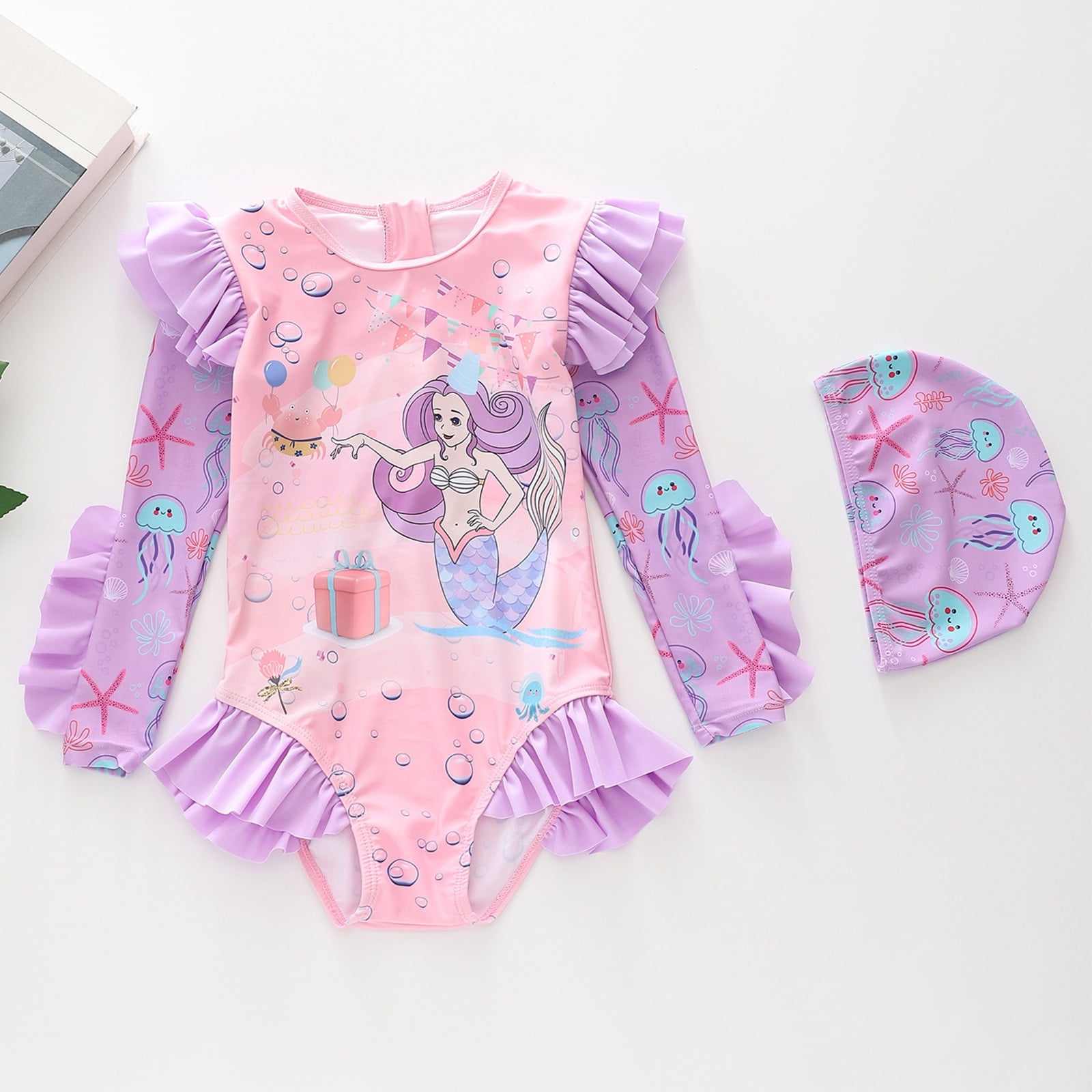 RTKFRFLM Girls Long Sleeve One Piece Swimsuit Colorful Ruffle Trim, Sun ...