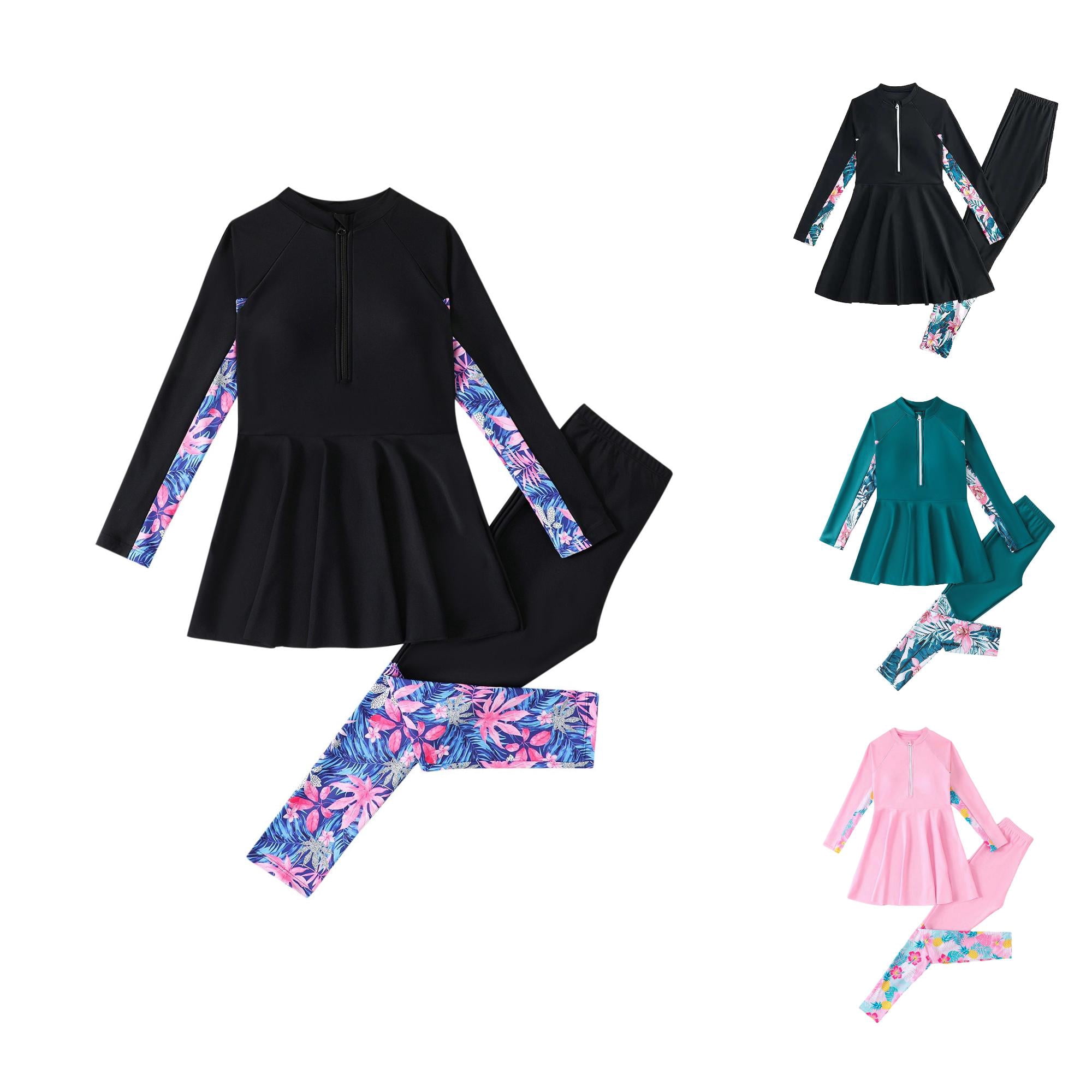 RTKFRFLM Girls Modest Swimwear Set Long Sleeve Top and Pants Hijab ...