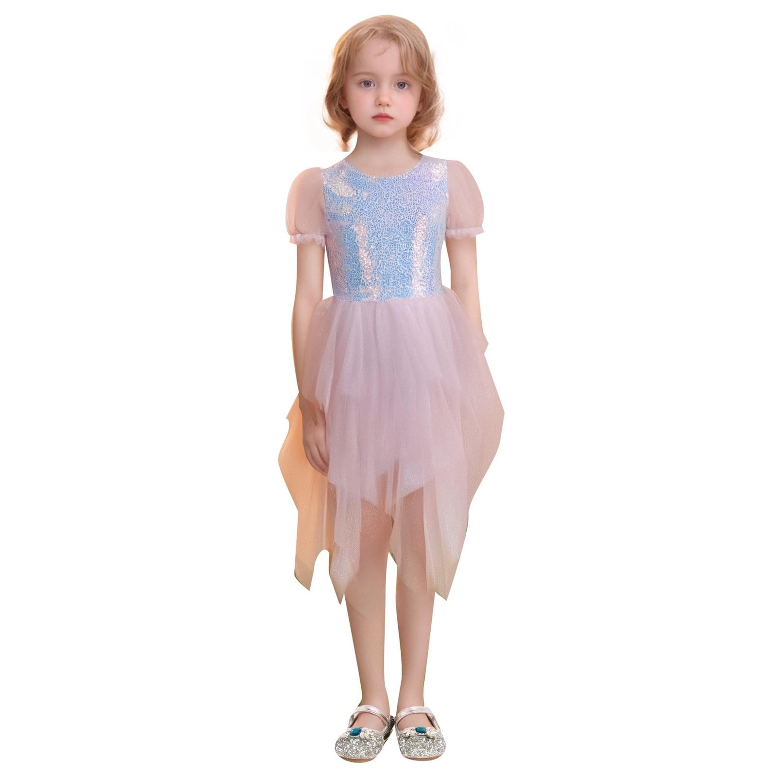 RTKFRFLM Girls dresses Sequin Puff Sleeve Dress Kids Elegant Net ...