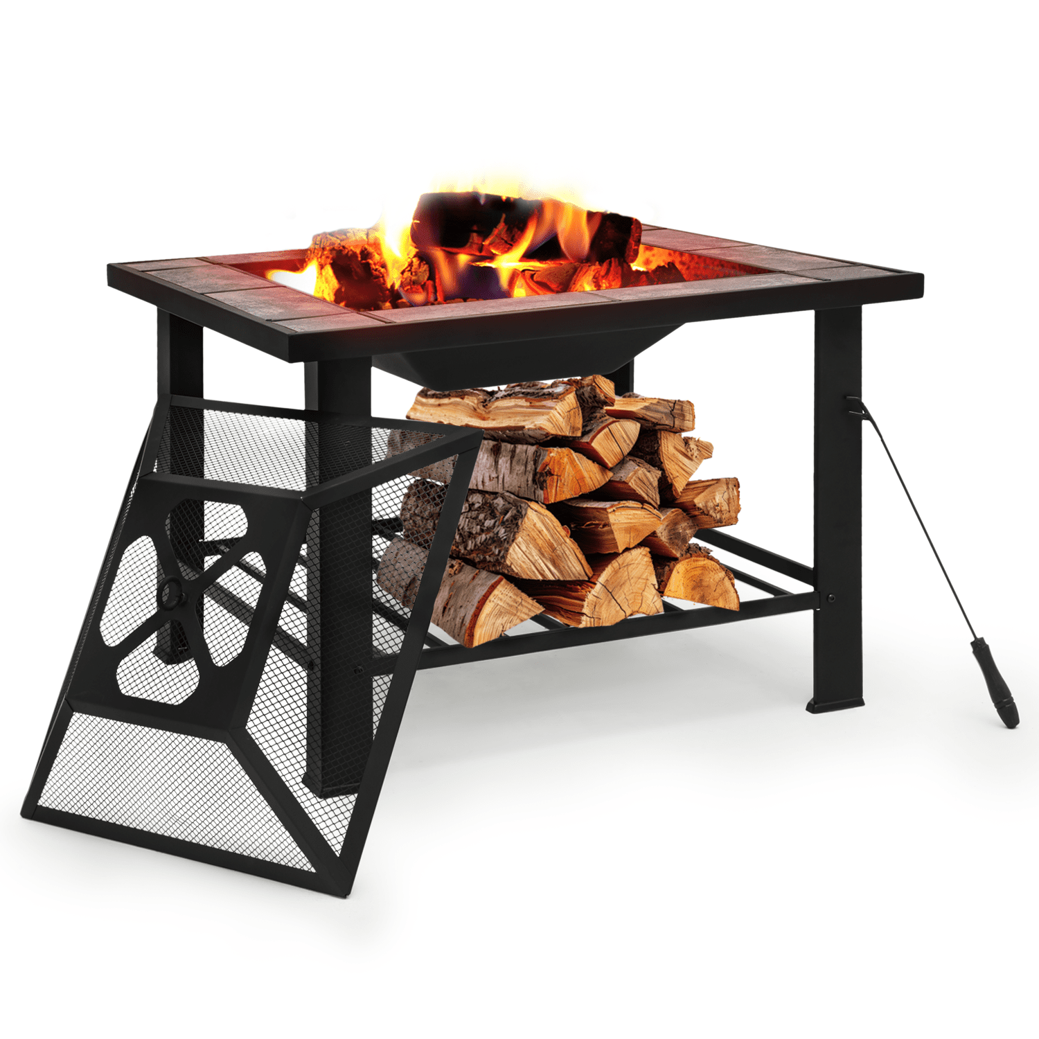 RTRWDC 30-Inch Square Cast Iron Fire Pit Table with Spark Screen, Log ...