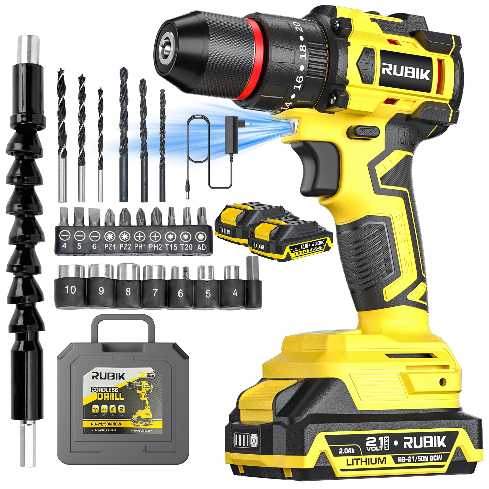 RUBIK Brushless 21V Cordless Drill Driver Kit - Max 50Nm Impact Drill, 2x 2000mAh Batteries, 3/8 ...