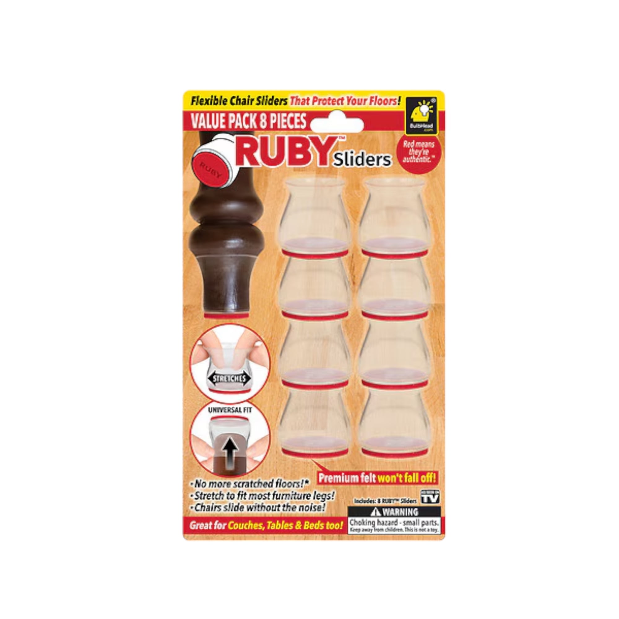 BulbHead Ruby Sliders, Large 8-Pack, Clear Chair Leg Caps, Floor Protectors, Scratch-Resistant ...