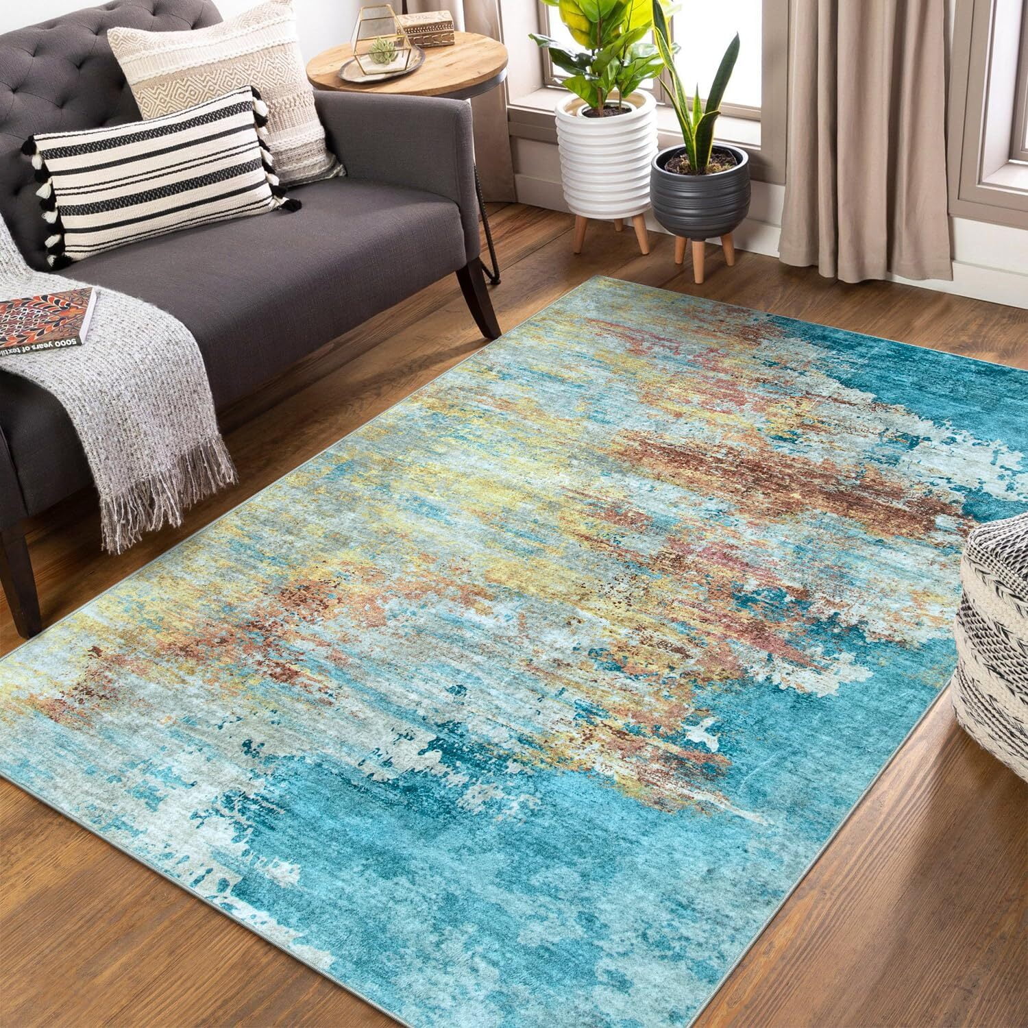 RUG ROBOT Abstract Living Room Rug 4'x6', Soft Modern Washable Area ...
