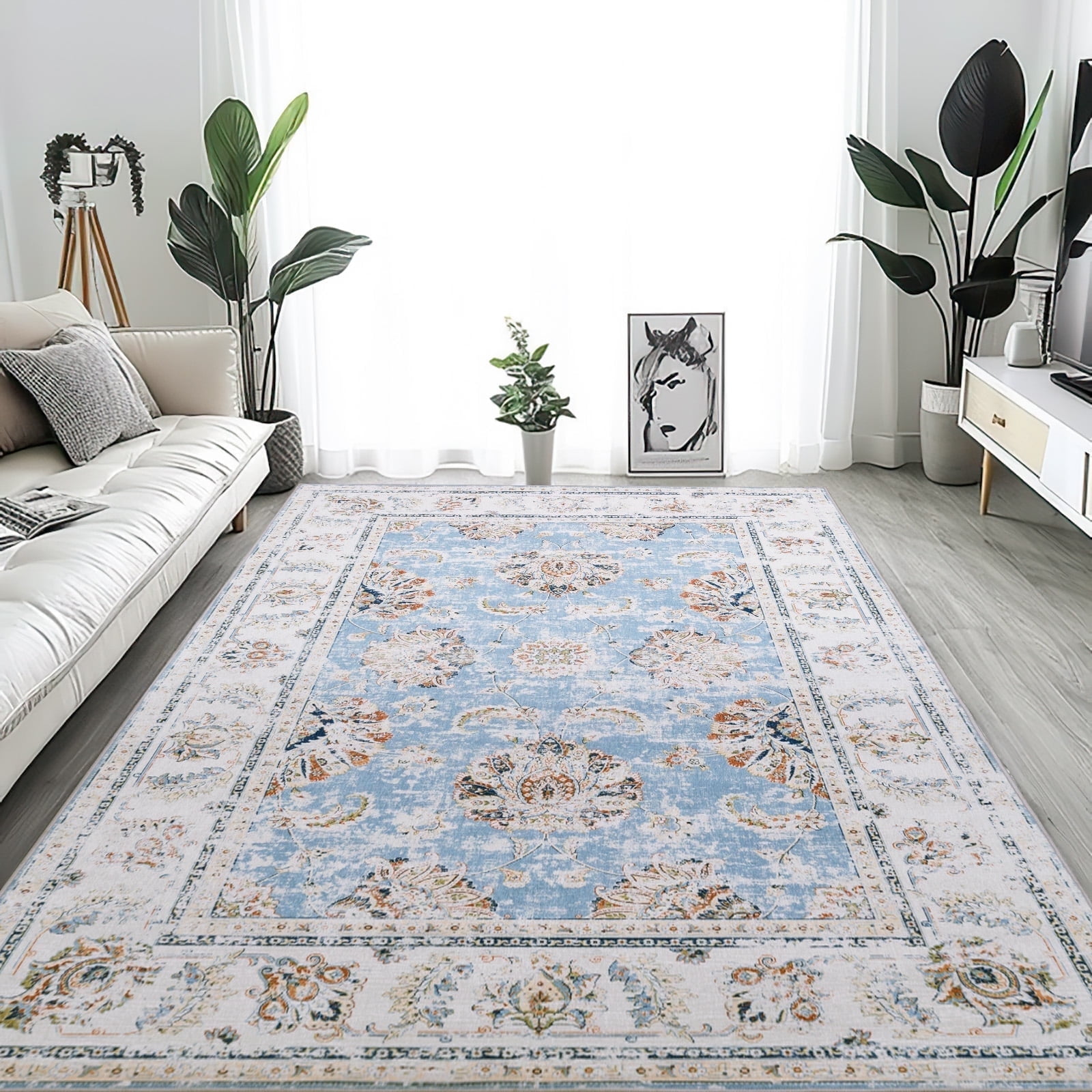 RUGKING 4x6 Blue Vintage Floral Print Indoor Area Rug for Home ...