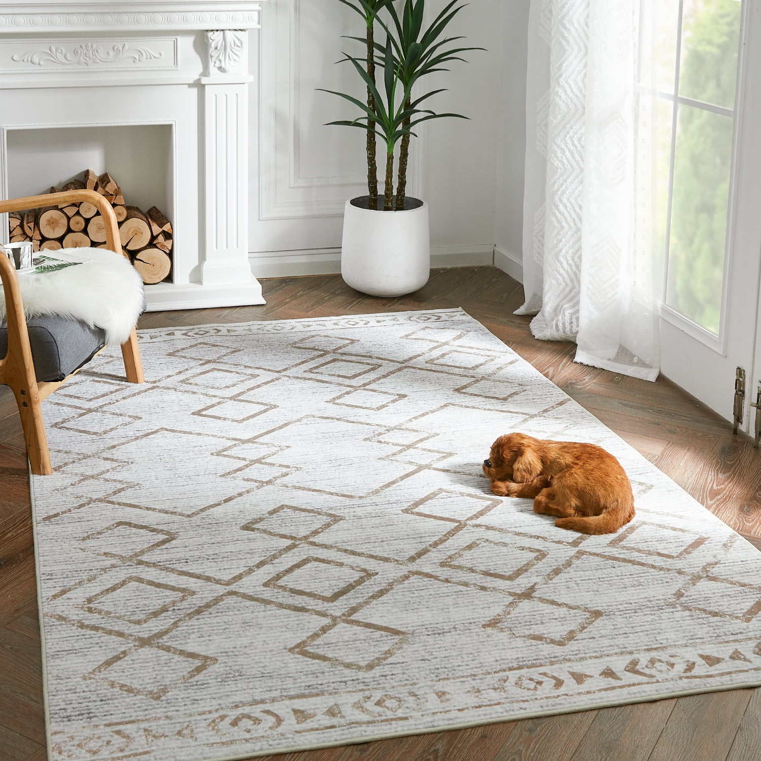 RUGKING Area Rug, 5x7 Indoor Outdoor, Taupe Geometric Print, Durable ...