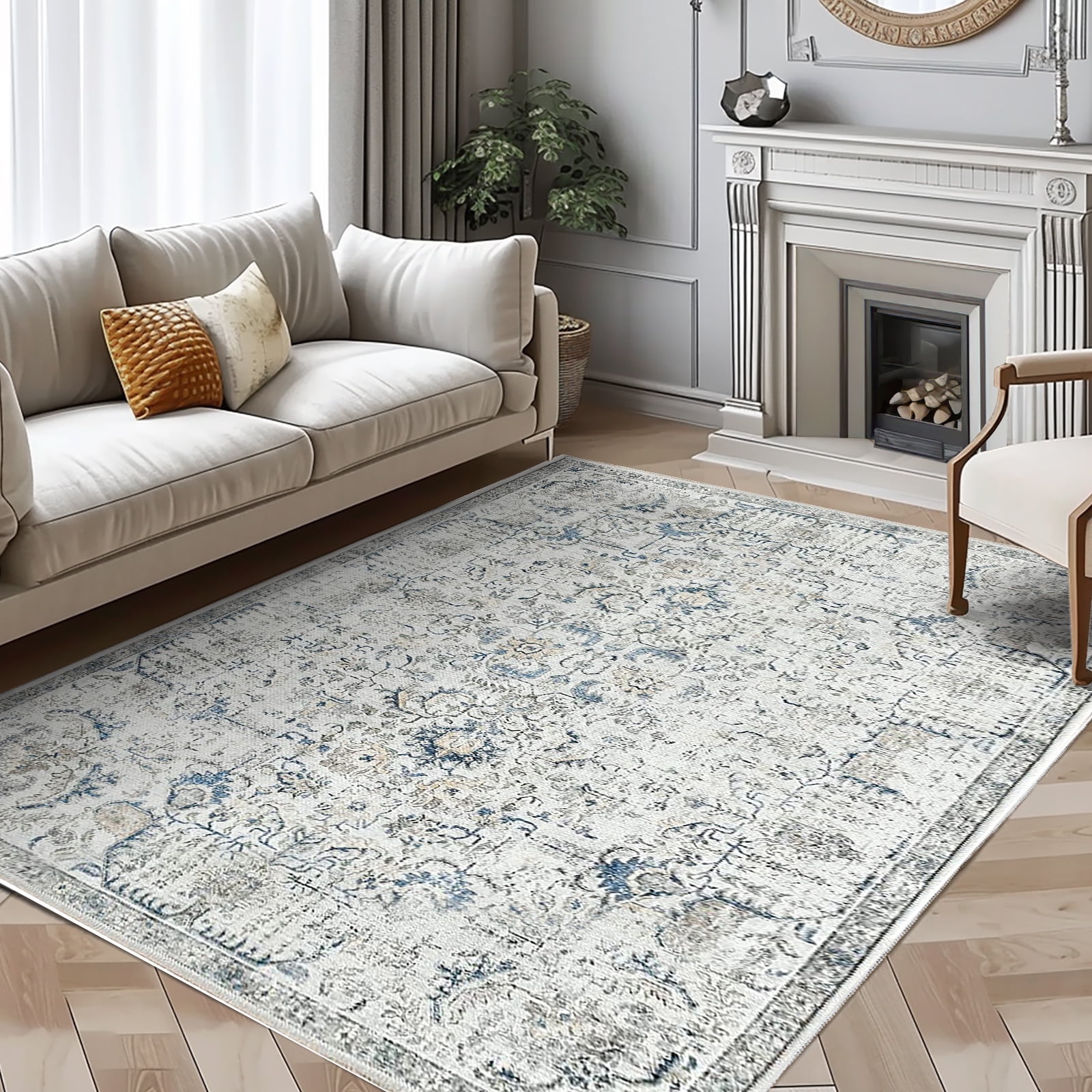 RUGKING Area Rug 8x10 Blue Multi Vintage Rug Flodable Thin Rug Retro Distressed Carpet Floral Print Boho Rug for Kitchen Bedroom Living Room Dining