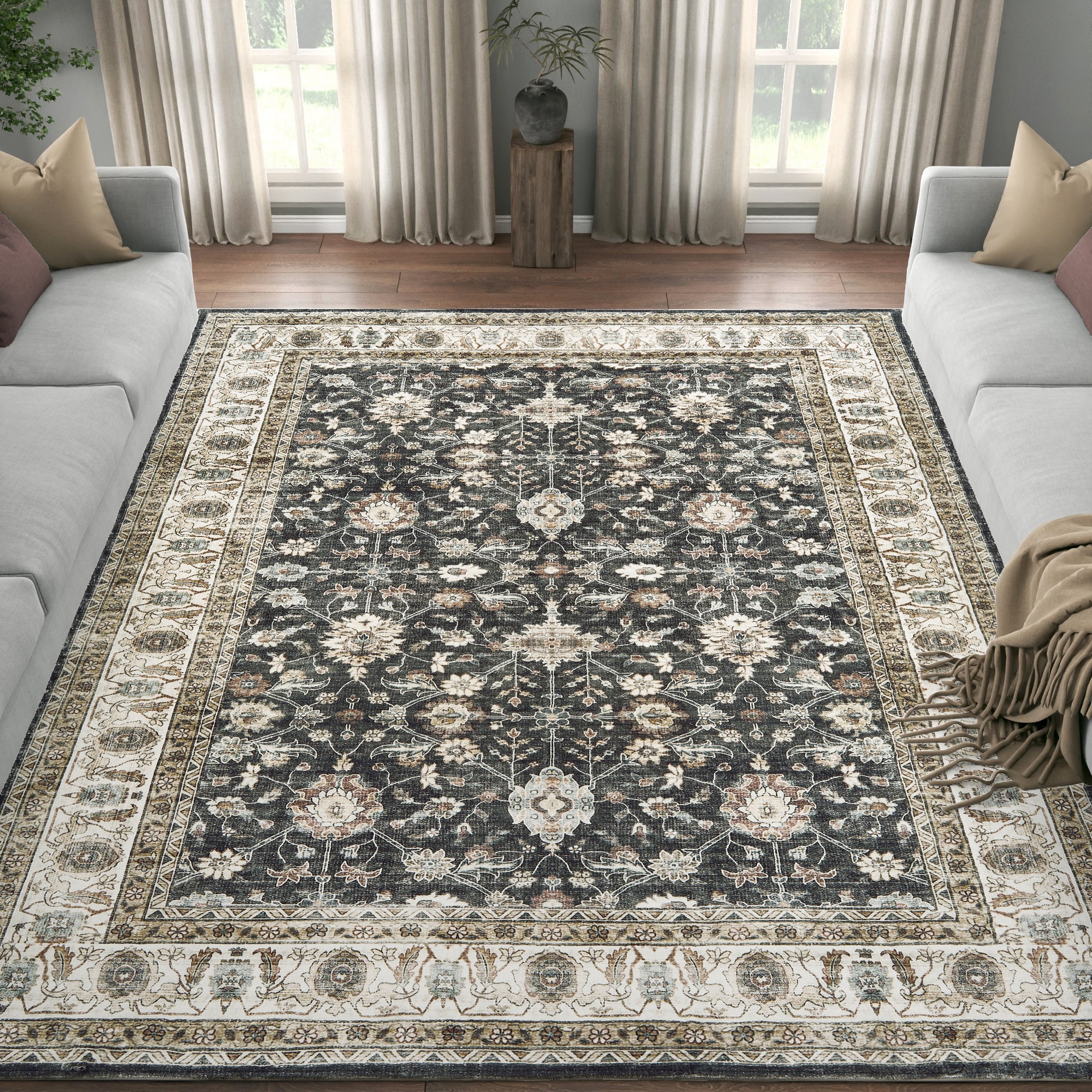 RUGKING Black Large Area Rug Non-Slip Thin Carpet Washable Vintage Rug ...