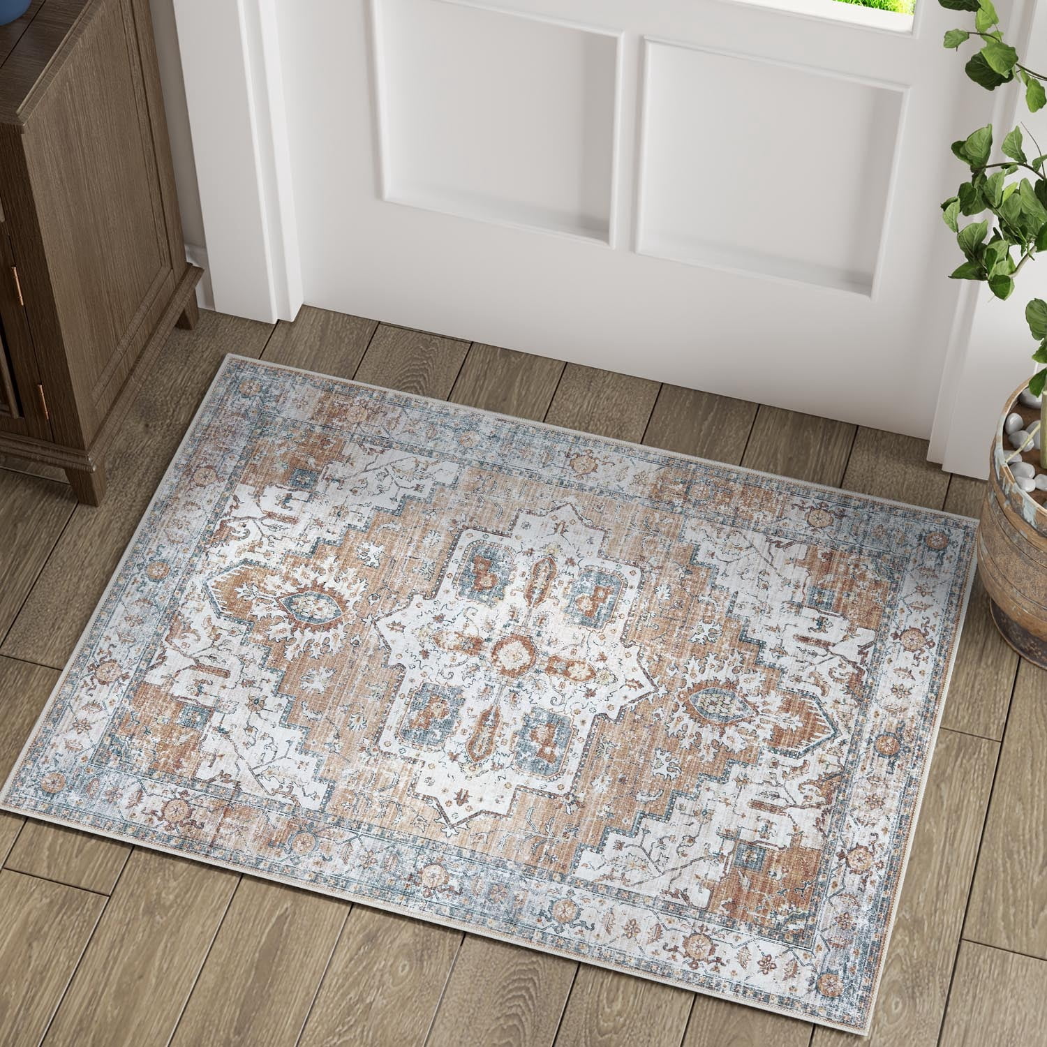 RUGKING 2x3 Non-Slip Washable Doormat, Persian Floral Print, Orange ...