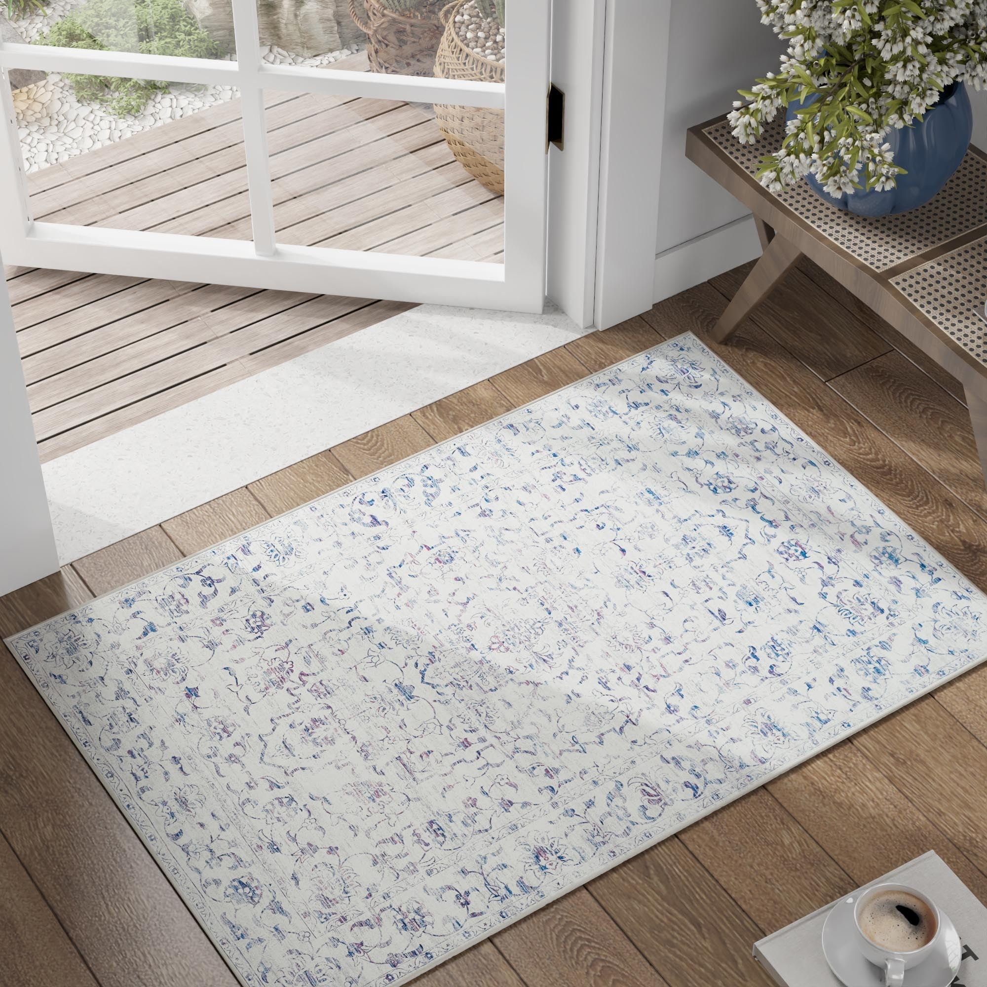 RUGKING Entryway Rug 2x3,Vintage Area Rug Blue Floral Carpet Distressed ...