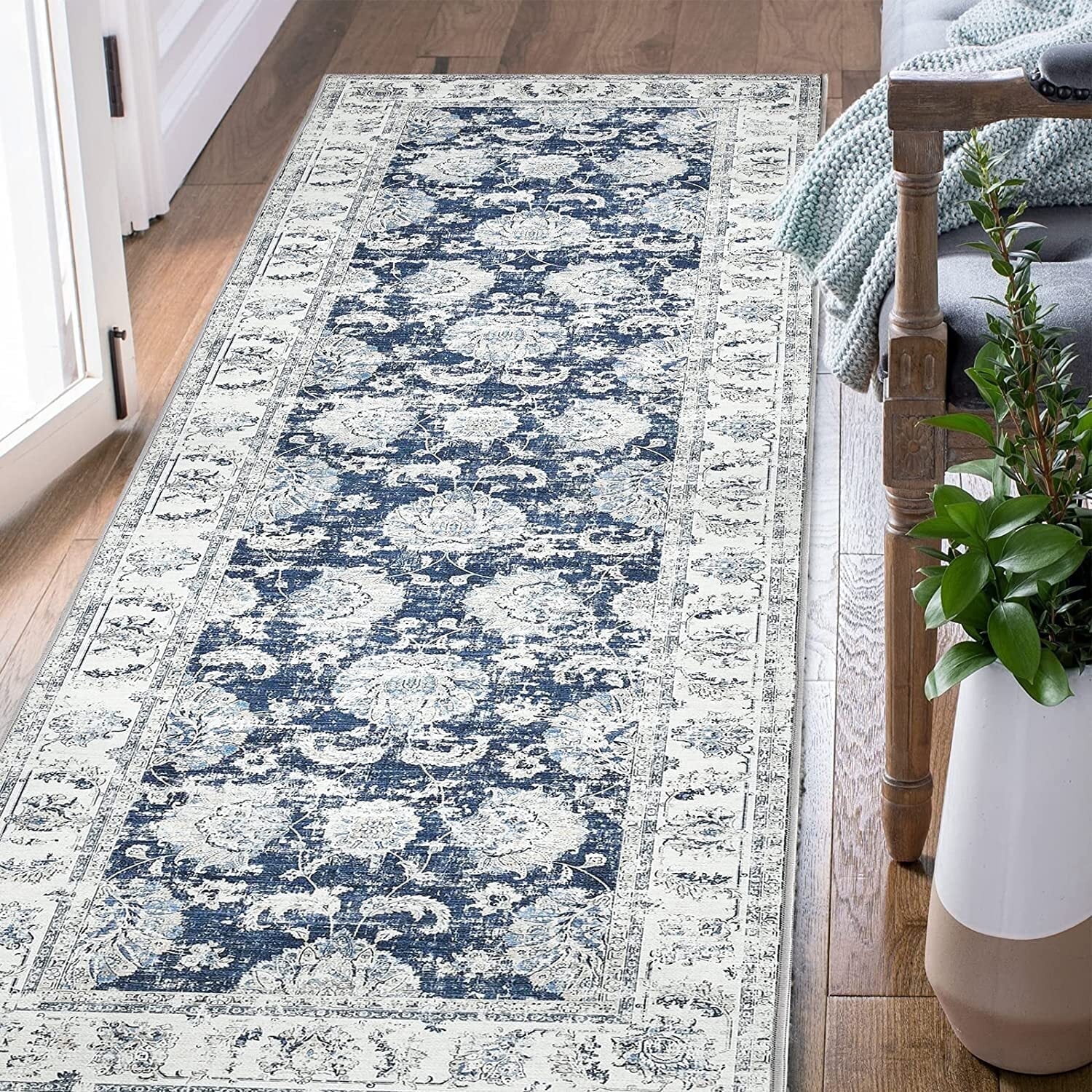 RUGKING Washable Low Pile Office Rug, 3'x10' Dark Blue Floral Vintage ...
