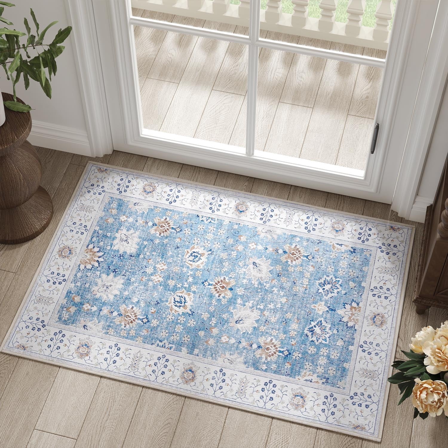 RUGKING Floral Print Door Mat 2'x3' Area Rug Blue Welcome Mat for ...