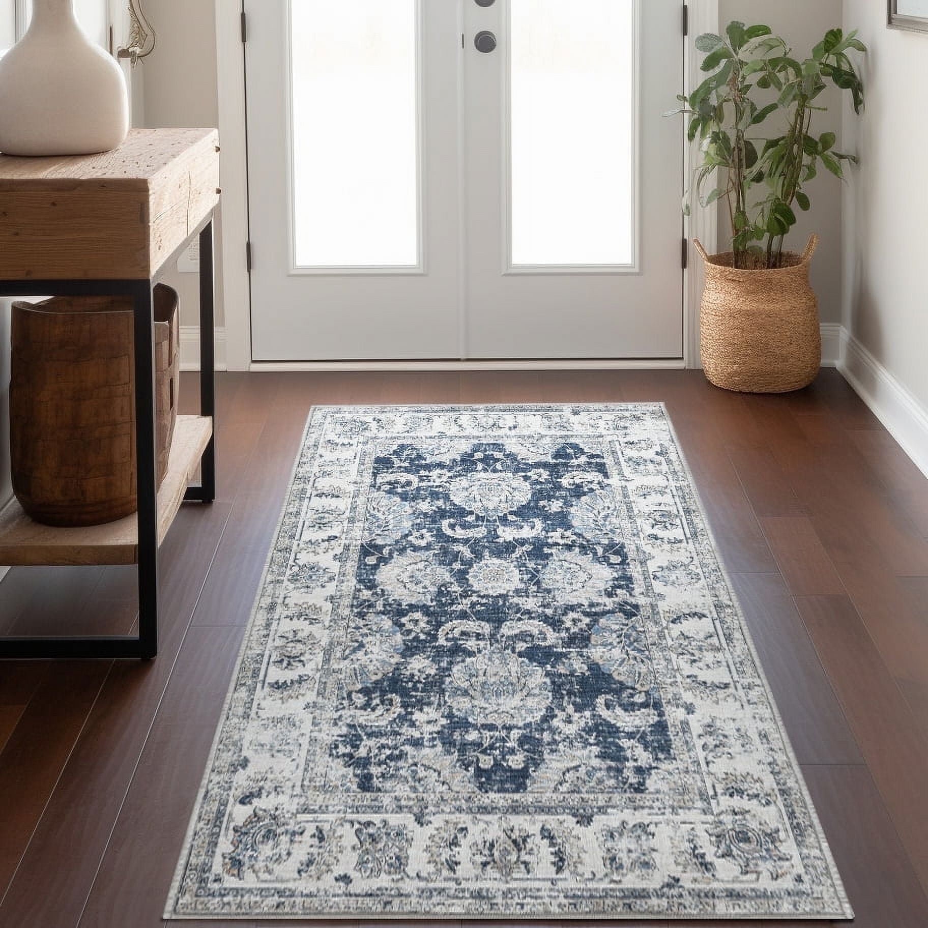 RUGKING 3'x8' Foldable Vintage Rug, Non-Slip Dark Blue Floral Print for ...