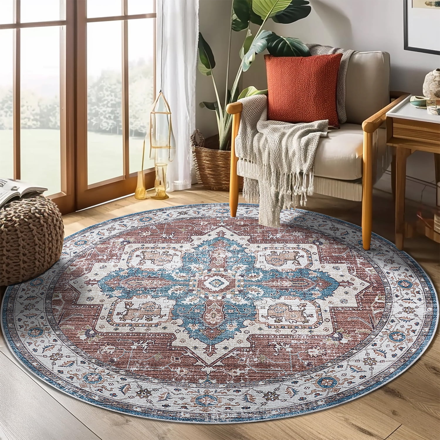 RUGKING 4Ft Round Bohemian Persian Rug, Washable Non-Slip Carpet, Rusty ...