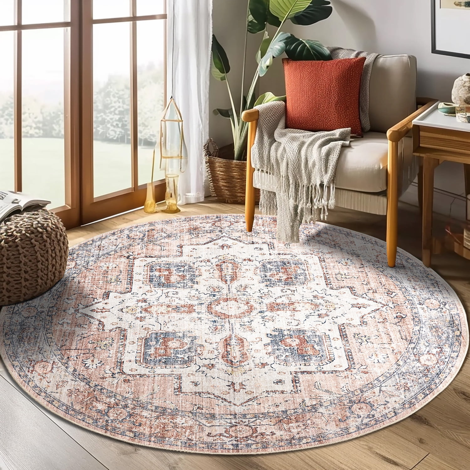 RUGKING Round Rug 5Ft Bohemian Area Rug Indoor Persian Circle Rug Washable Rug Floral Medallion ...