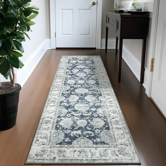 RUGKING 2x8 Vintage Dark Blue Non-Slip Runner Rug, Foldable Floral ...