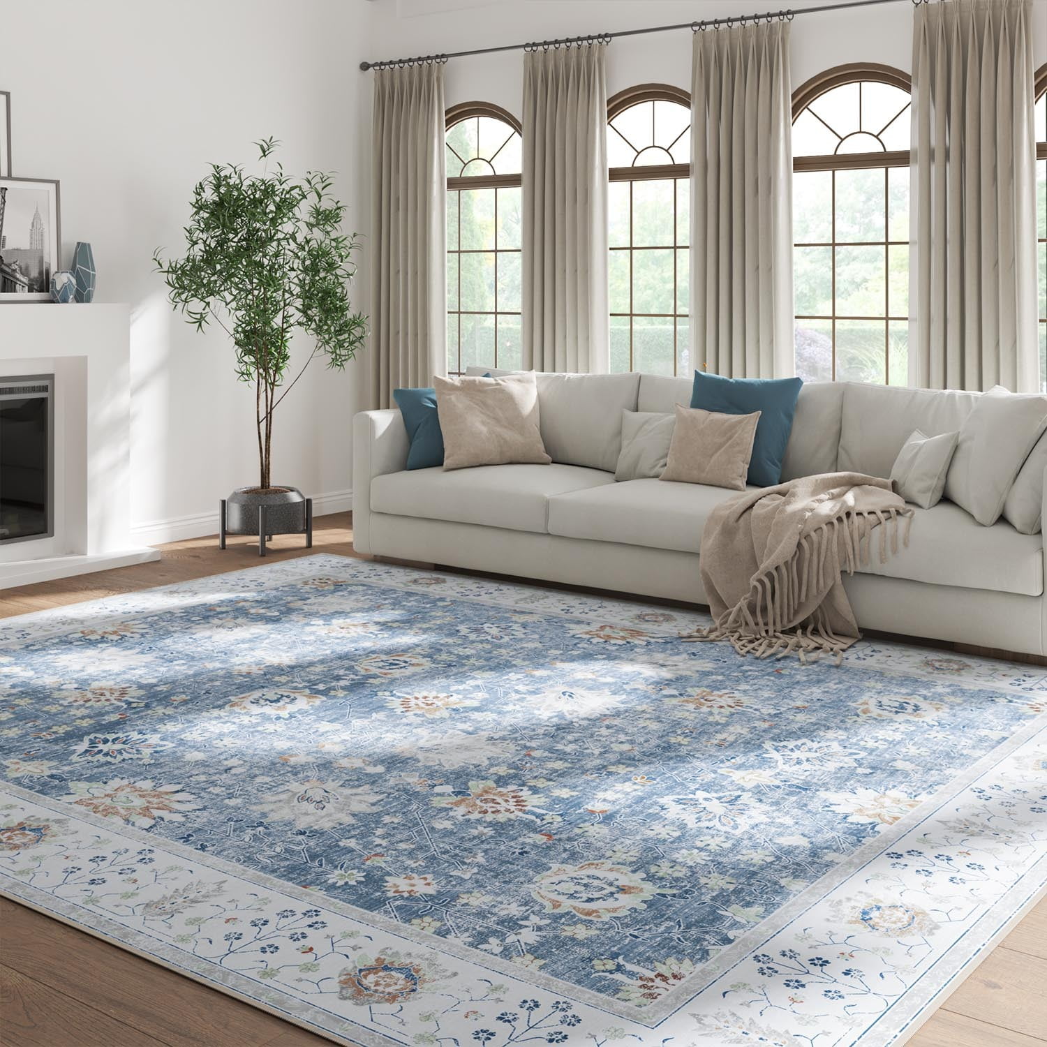 RUGKING Rugs for Living Room 6'x9' Floral Printed Blue Indoor Accent ...