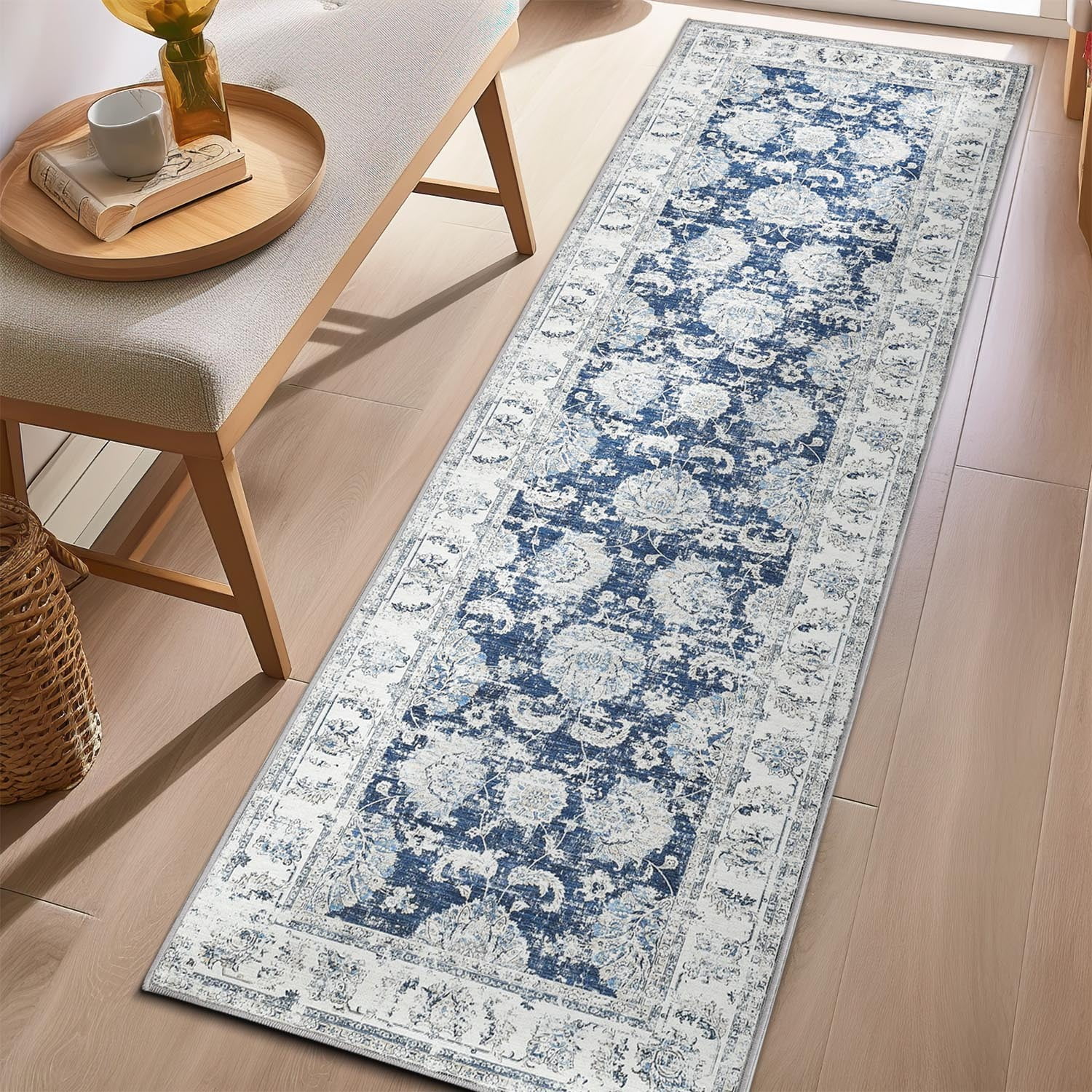 RUGKING Vintage 2x7 Non-Slip Floral Print Runner Rug, Dark Blue Indoor ...