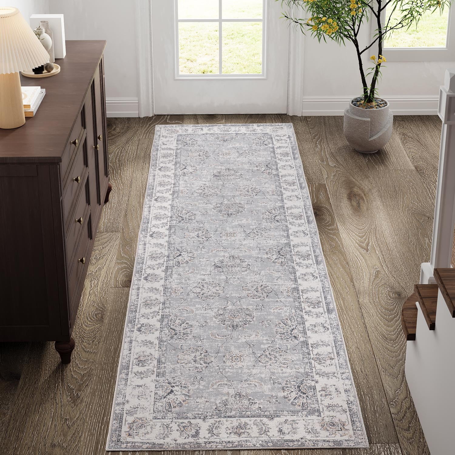 RUGKING 2x8 Runner Rug, Non-Slip, Vintage Grey Floral Print for Kitchen ...