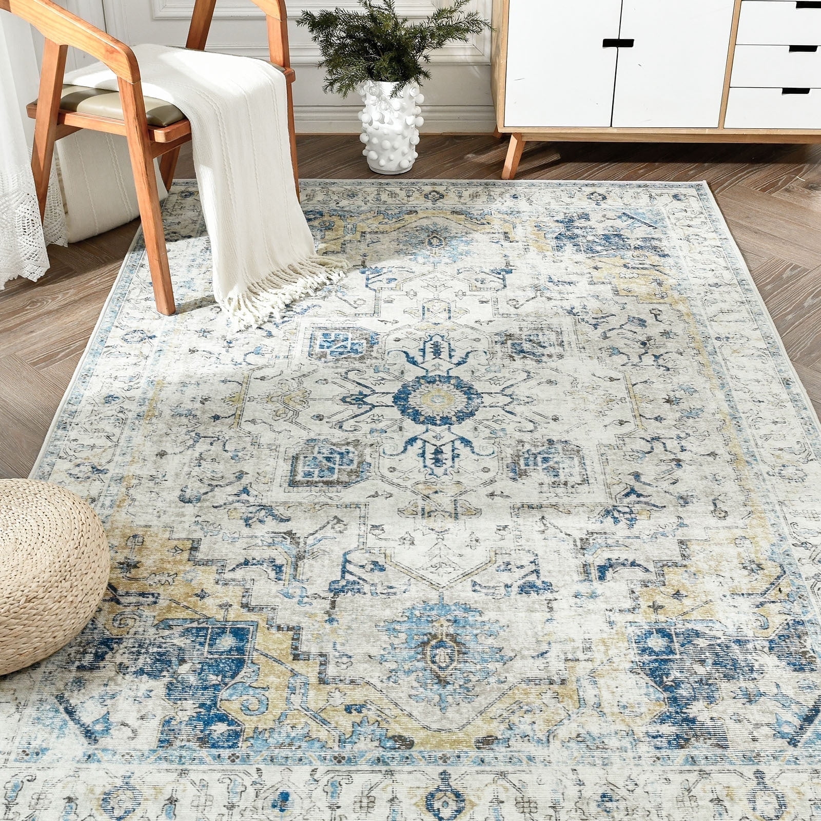 RUGKING 5x7 Traditional Area Rugs, Light Blue, Non Slip, Foldable ...