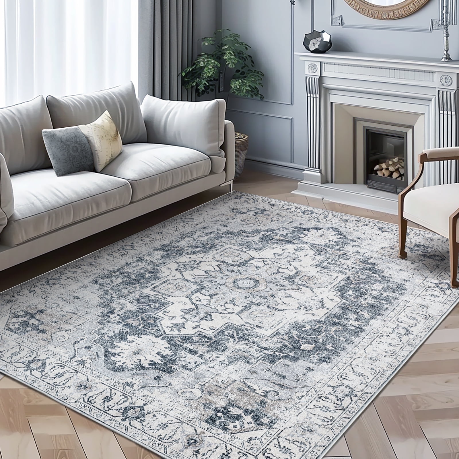 RUGKING Distressed 8x10 Gray Oriental Rug, Non-Slip Indoor Medallion ...