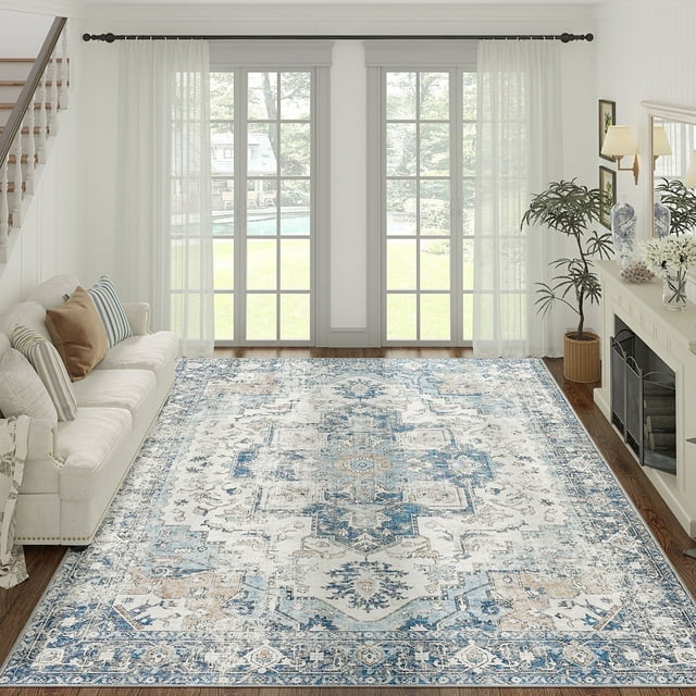 RUGKING 9x12 Blue Traditional Area Rug, Non-Slip, Foldable, for Indoor ...
