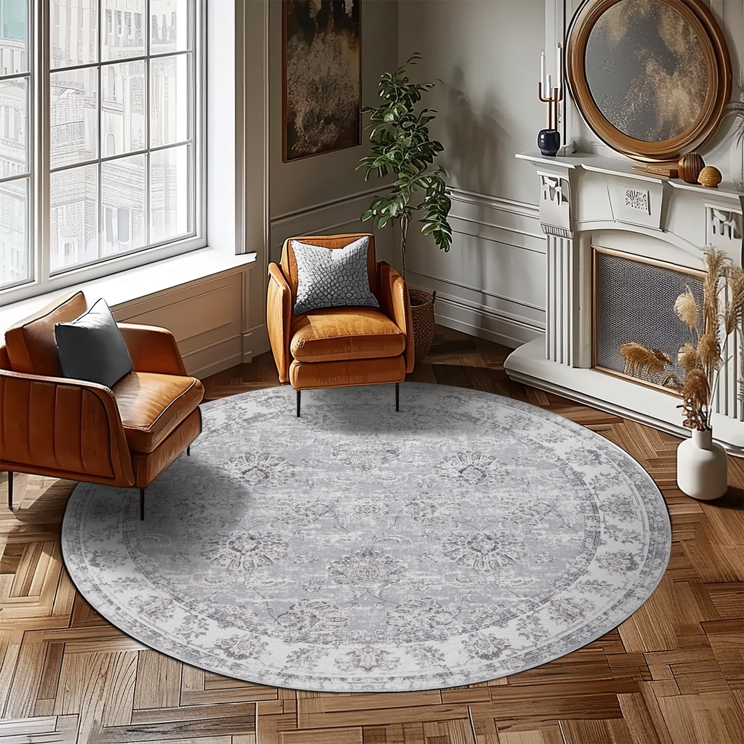 RUGKING Traditional Retro Round Rug 5ft Foldable Gray Circle Rugs for ...
