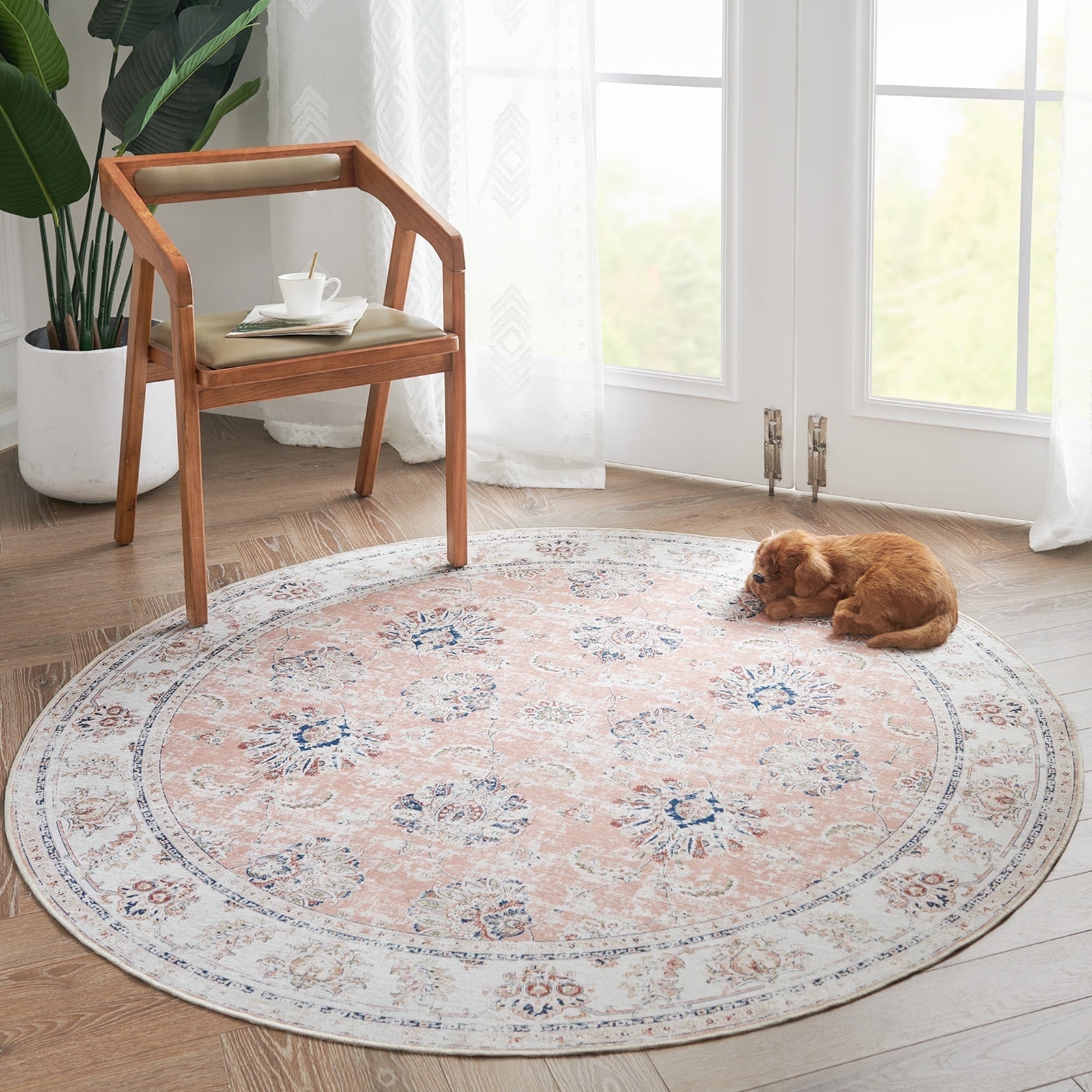 RUGKING Soft Large Round Floor Bedroom Rug, 5ft Washable Pink Floral ...