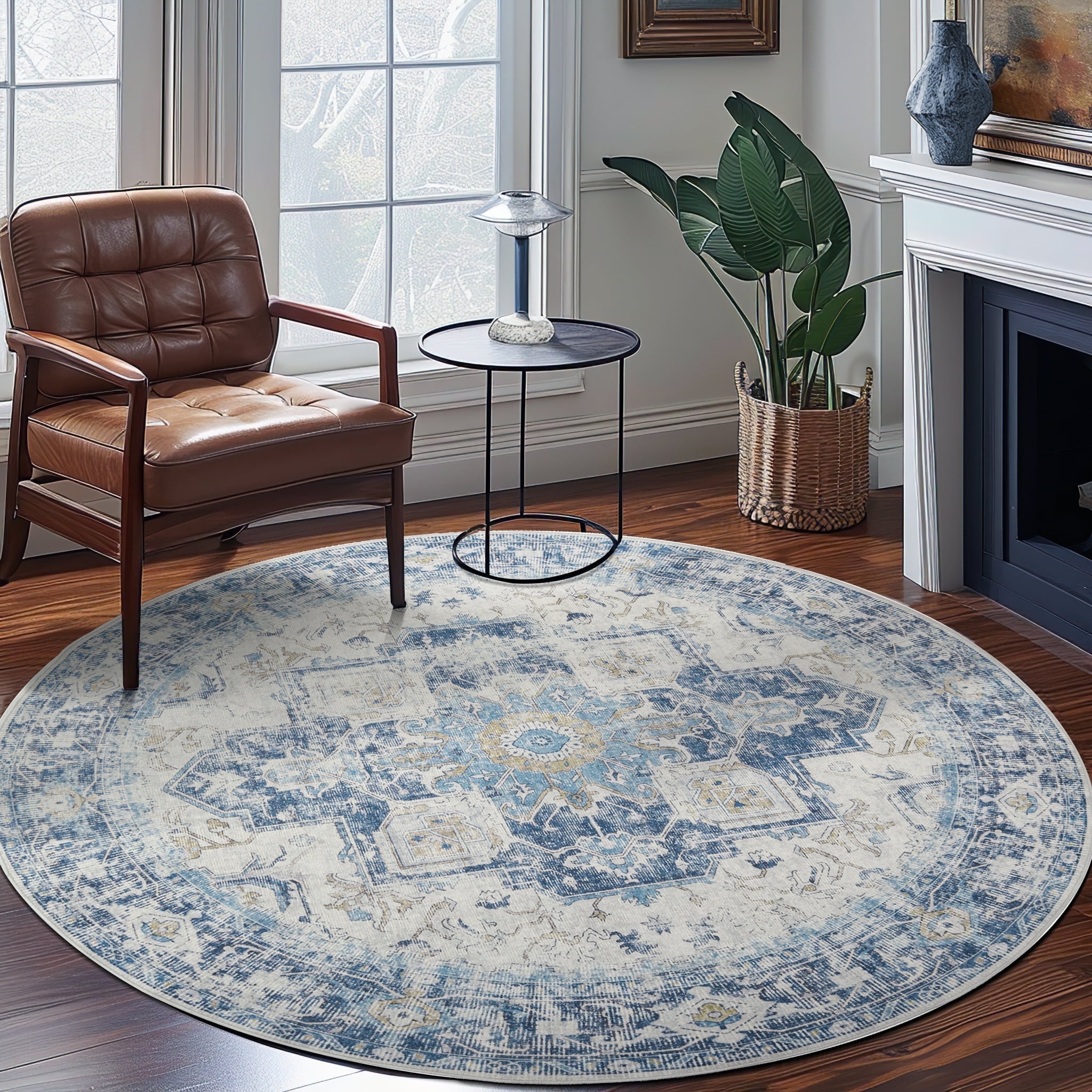 RUGKING Traditional Round Rug 5ft Foldable Blue, Distressed Area Rug for Living Room, Bedroom ...