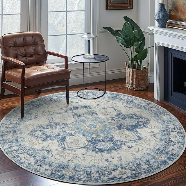 RUGKING Traditional Round Rug 5ft Foldable Blue, Distressed Area Rug ...