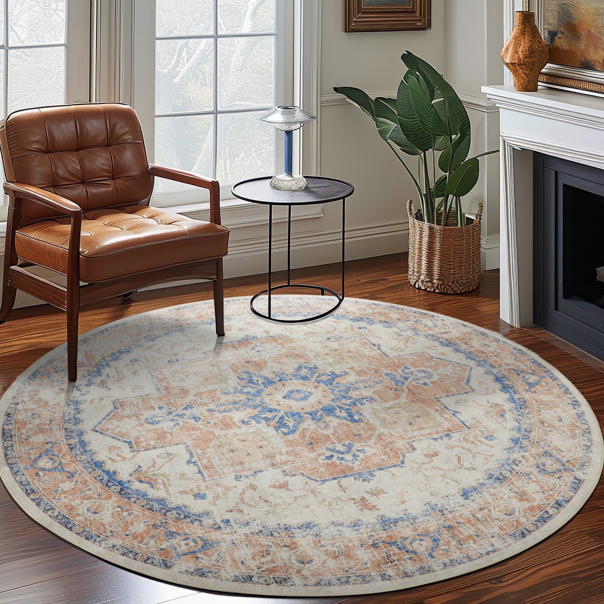 RUGKING Traditional 5ft Round Rug, Distressed Non-Slip Carpet for ...