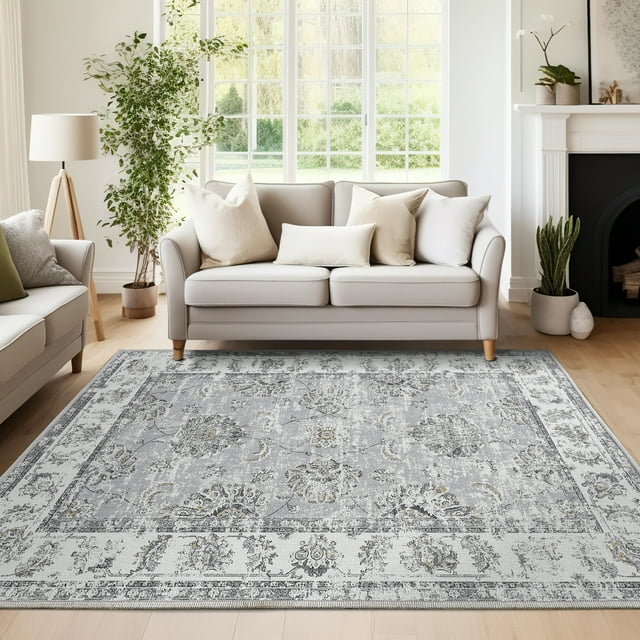 RUGKING Non-Slip Indoor 6x9 Kitchen Rug, Gray Floral Area Rug for ...