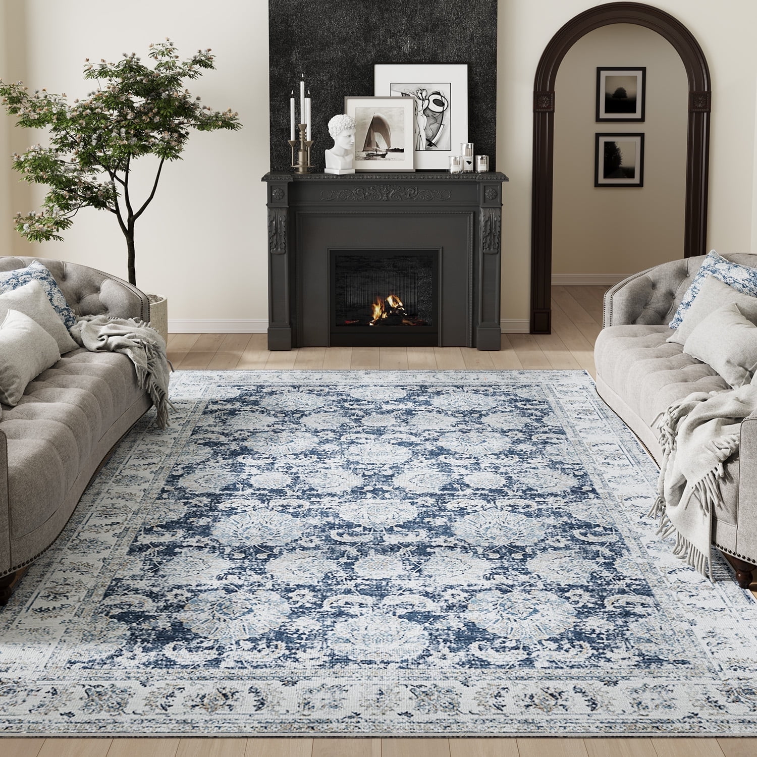 RUGKING 8x10 Dark Blue Traditional Floral Area Rug, Non-Slip Indoor ...