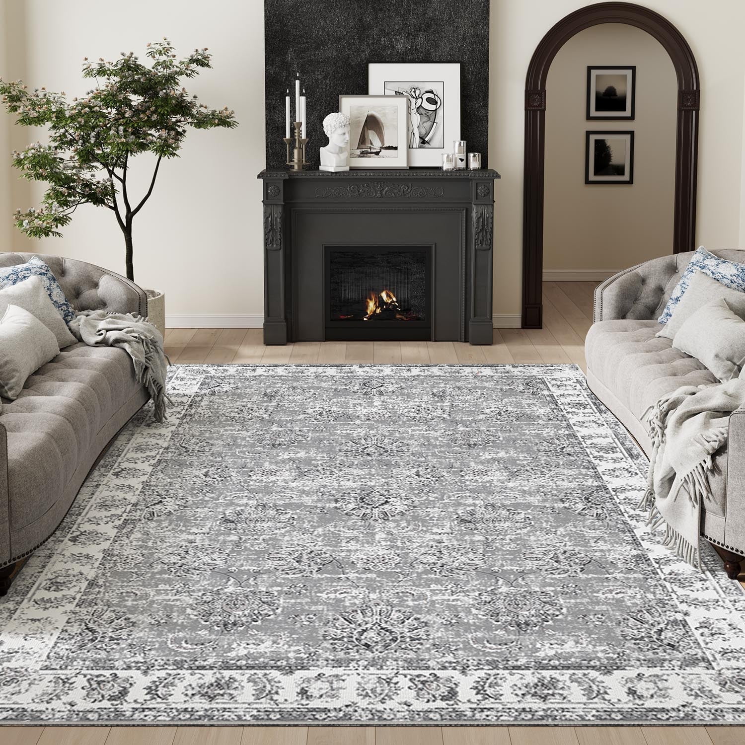 RUGKING 8x10 Traditional Floral Rug, Gray, Non-Slip Indoor Comfort ...