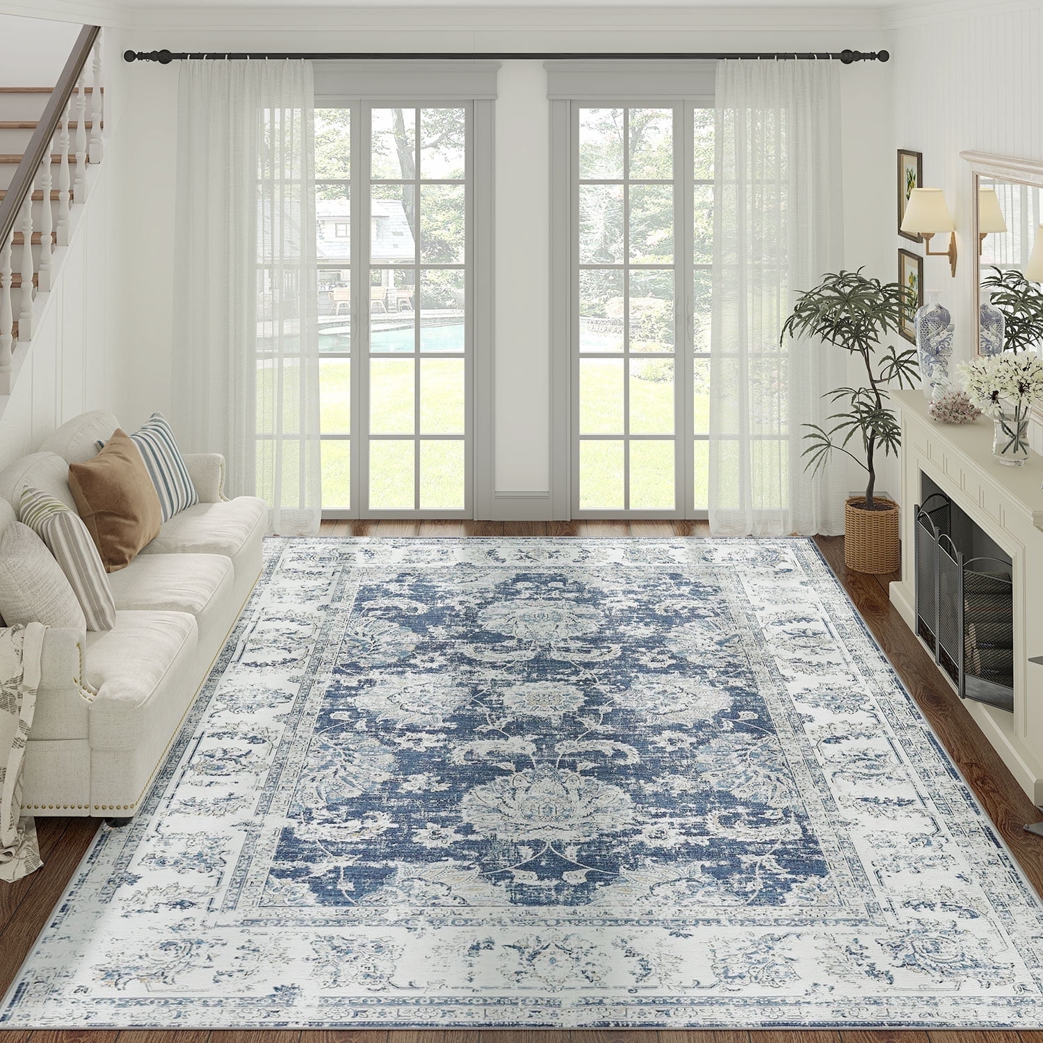 RUGKING 9x12 Vintage Foldable Carpet Area Rugs, Dark Blue, Non-Slip ...