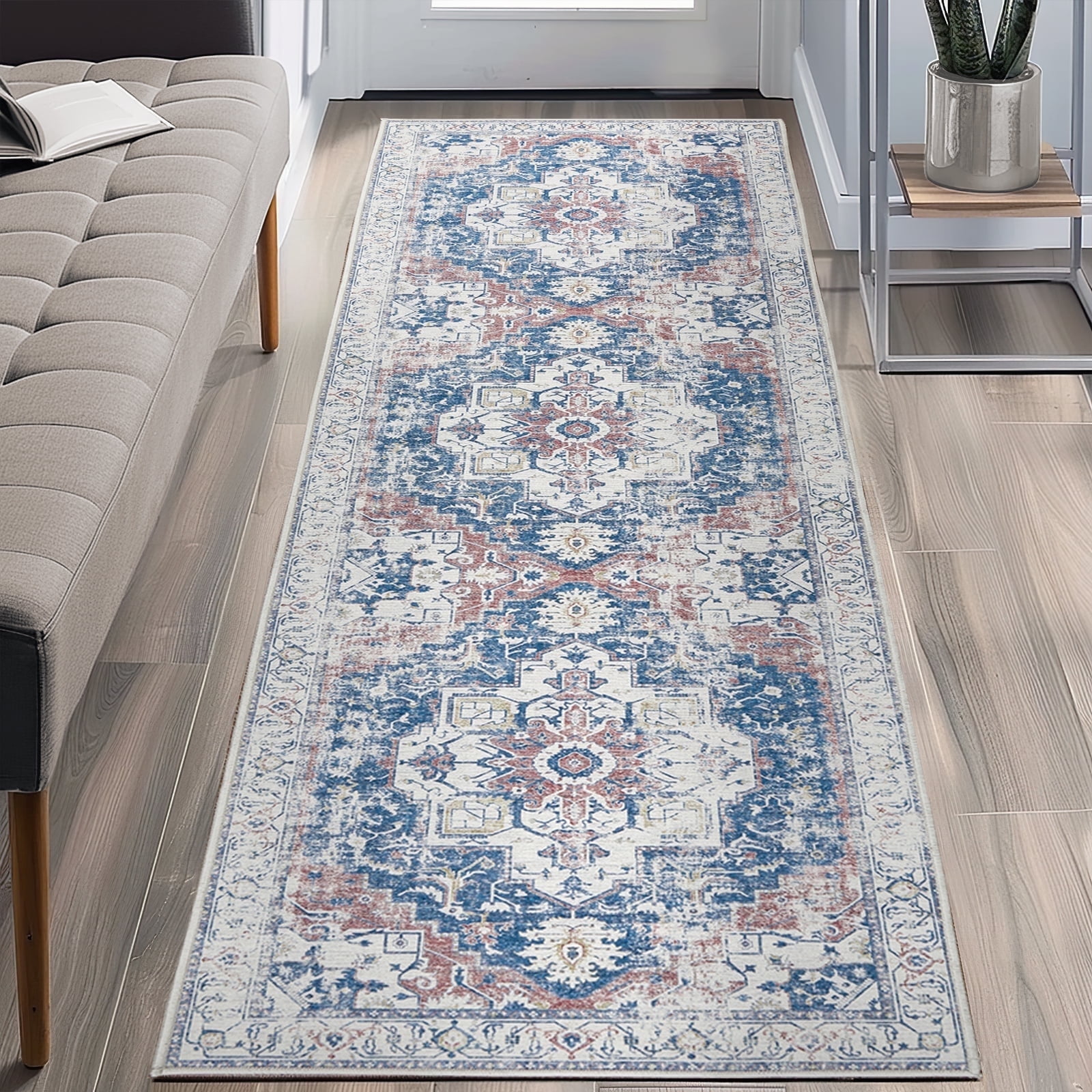 RUGKING Vintage Runner Rug 3x8 Navy Blue Foldable Boho Medallion ...