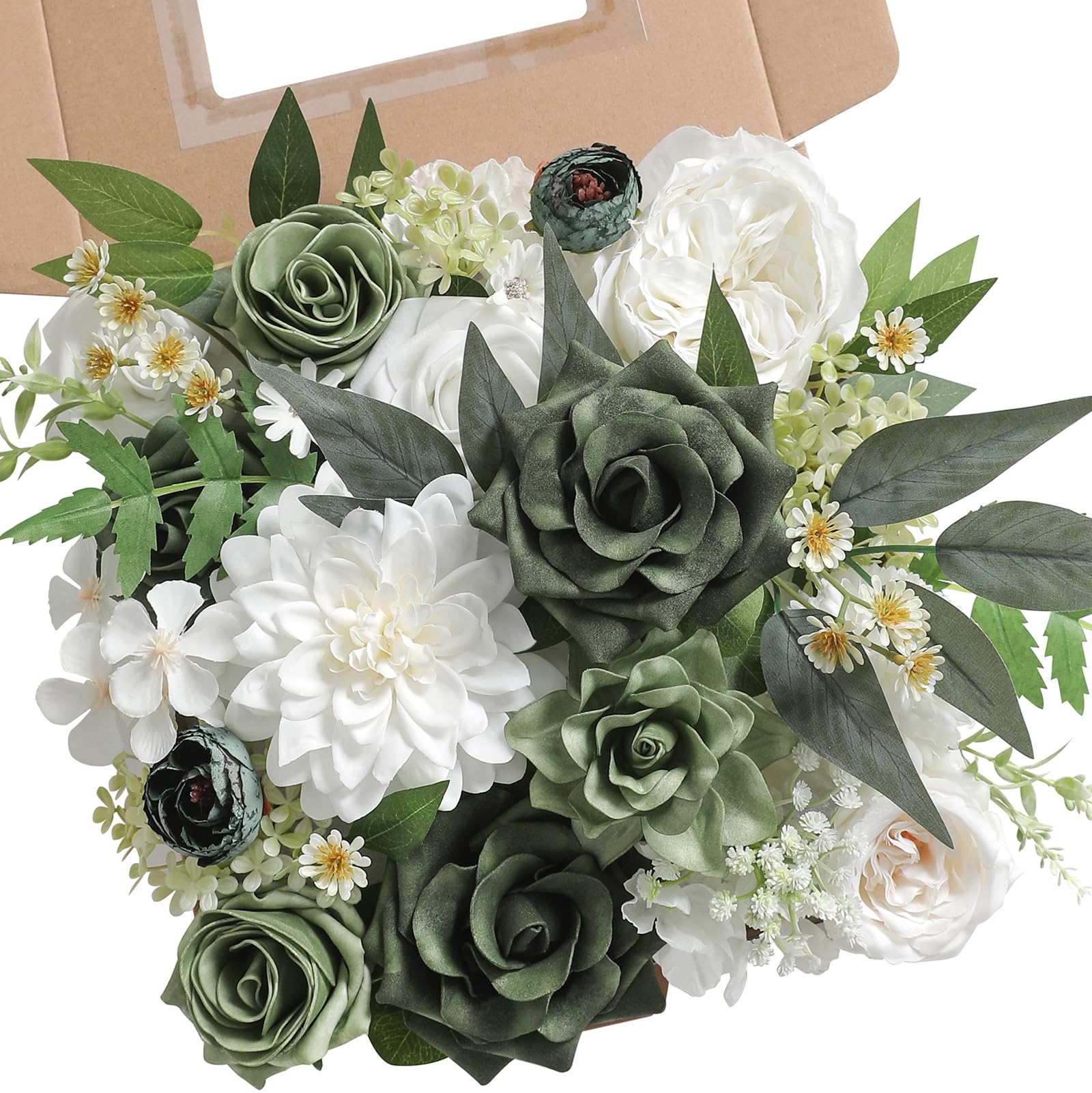 RUIDKUN Forest Green Artificial Flowers Silk Fake Roses Peonies Greenery Combo Box Set for DIY ...