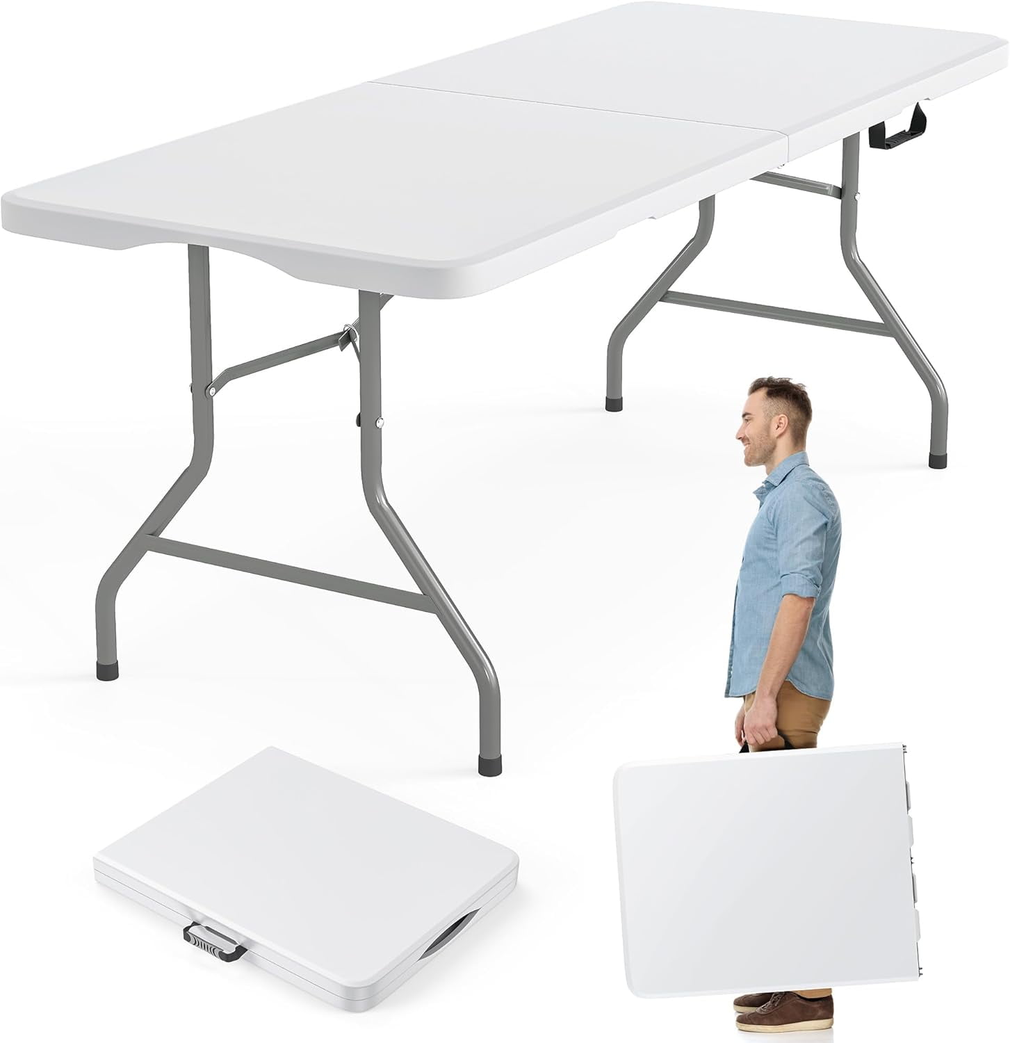 RUIE Folding Table 6ft with Carrying Handle HDPE Heavy Duty Foldable ...