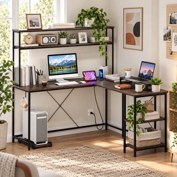 RUIE Gray L-Shaped Reversible Gaming Desk with LED Strip and Power ...
