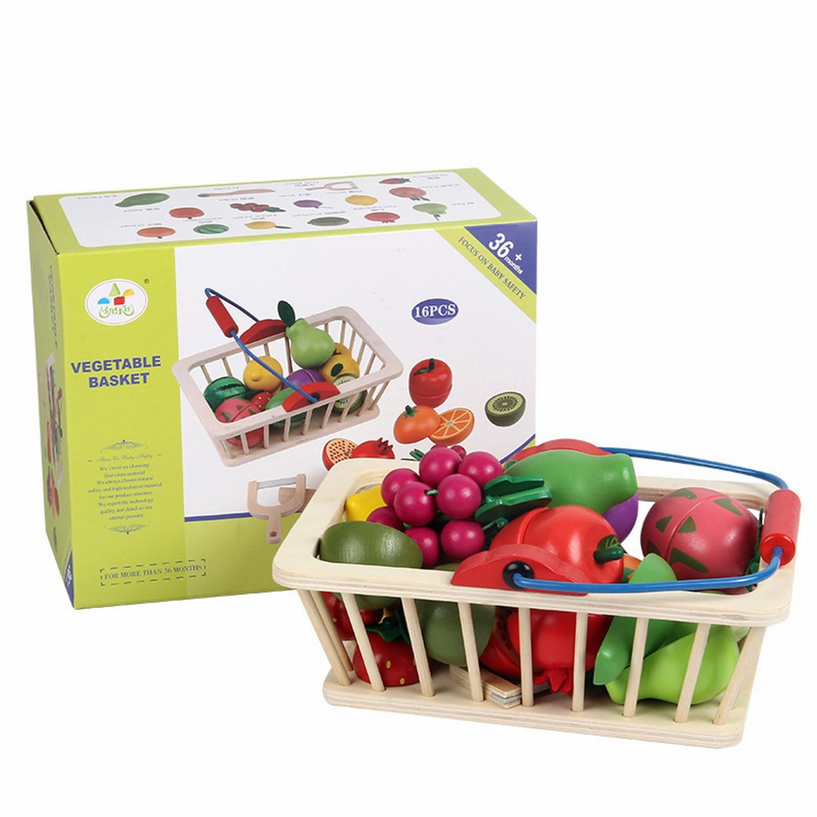 RUIG Magnetic Wooden Cutting Fruits Vegetables Food Play Toy Set with Basket for Kids, Pretend ...